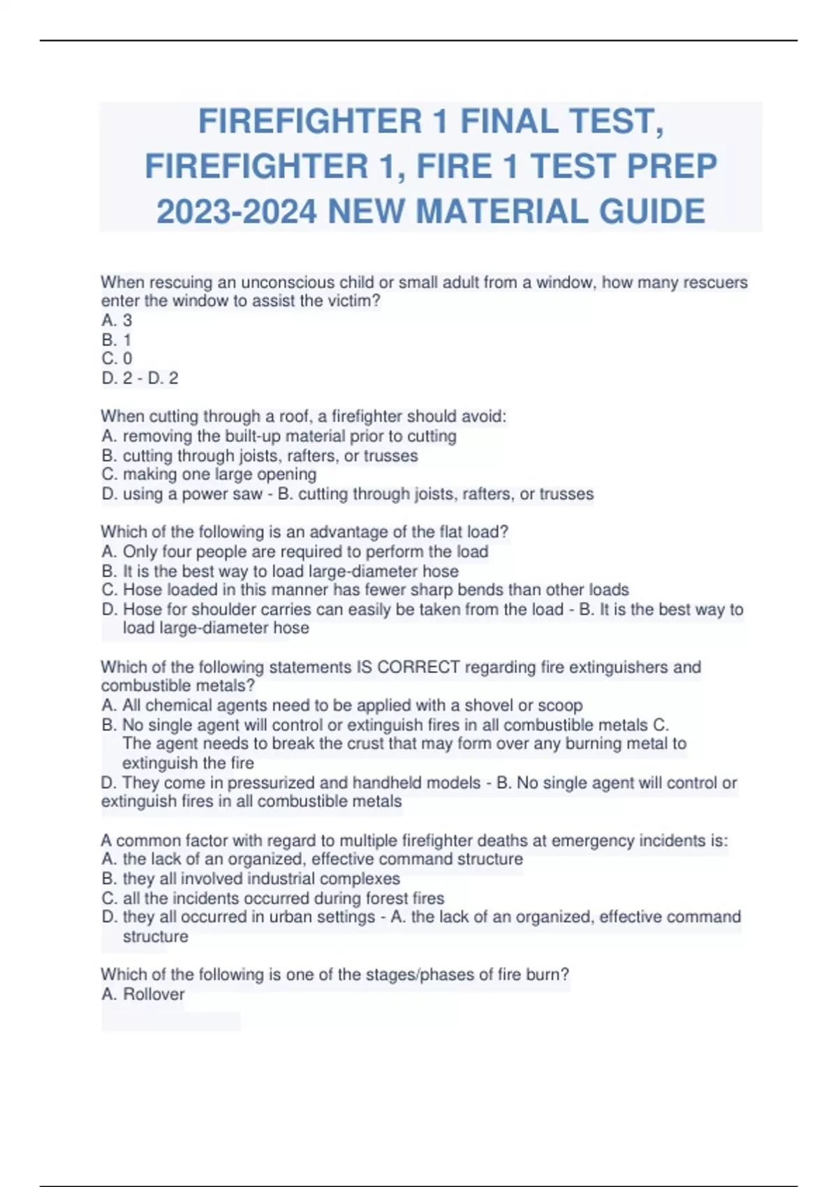 FIREFIGHTER 1 FINAL TEST, FIREFIGHTER 1, FIRE 1 TEST PREP NEW MATERIAL ...