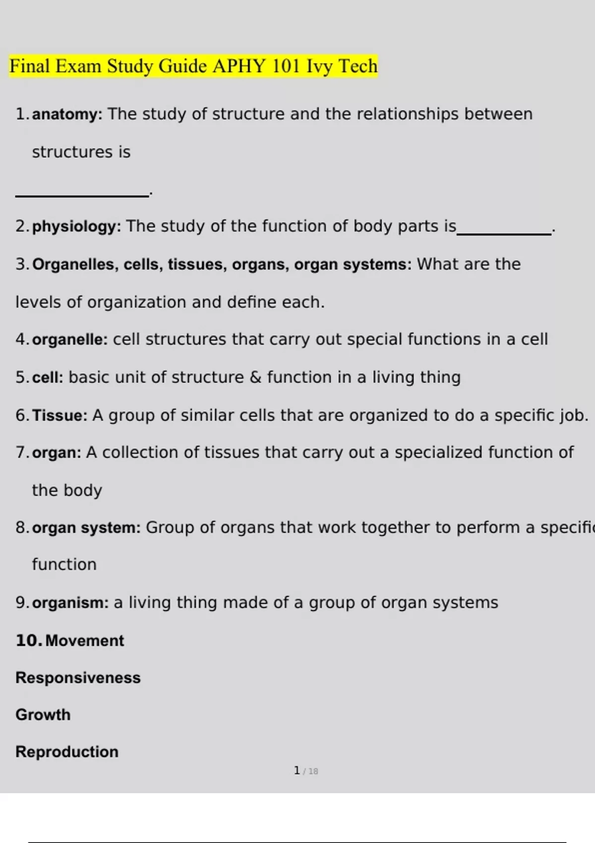 IVY TECH APHY 101 FINAL EXAM 2025 Questions & Answers Complete 2025 / ...