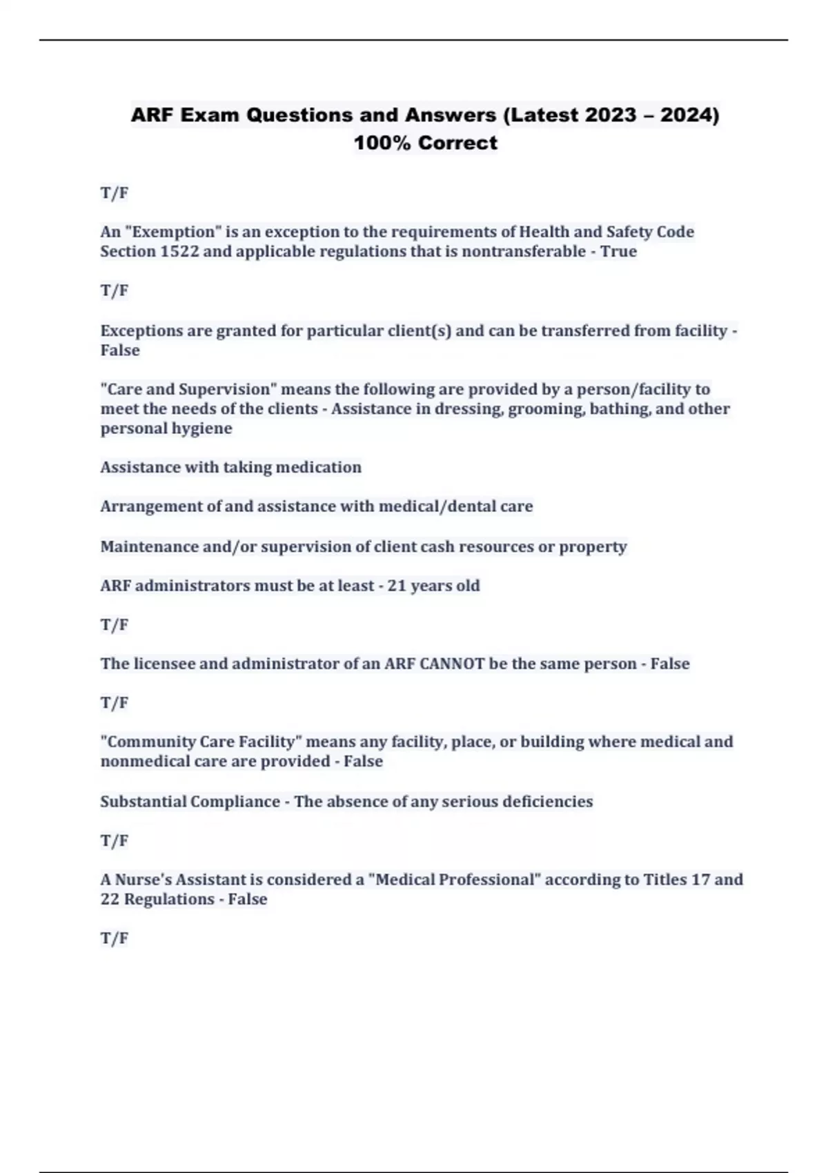 ARF Exam Questions and Answers (Latest 2023 – 2024) 100% Correct - ARF ...