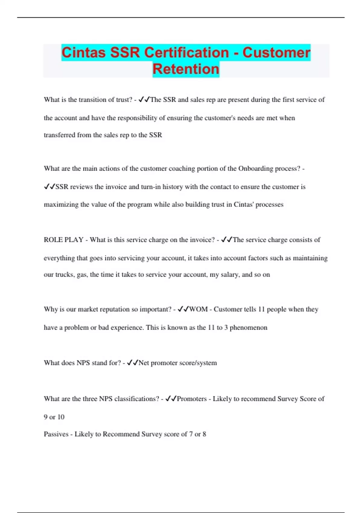 Cintas SSR Certification - Customer Retention | 2023 | Questions with ...