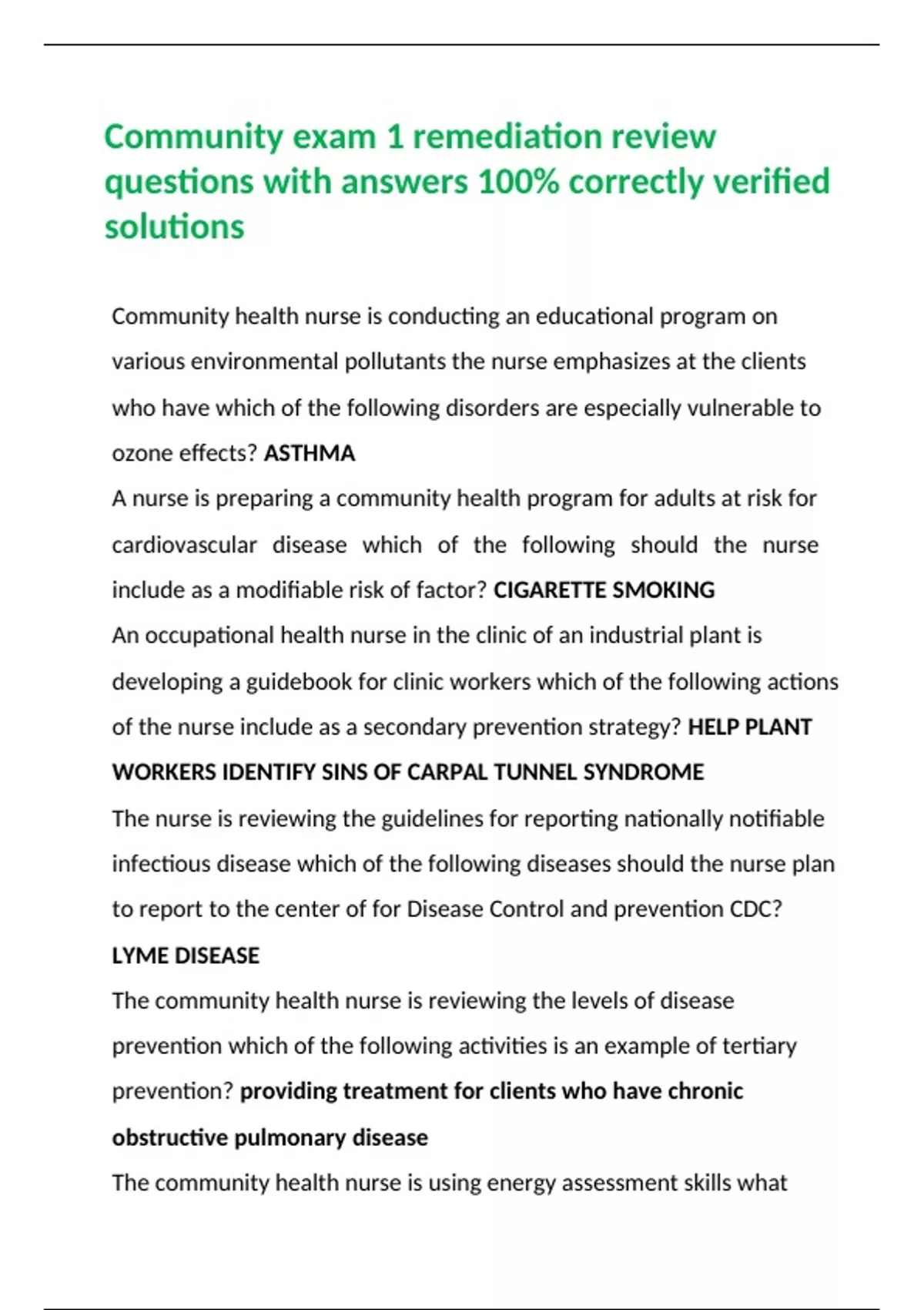 Community exam 1 remediation review questions with answers 100% ...