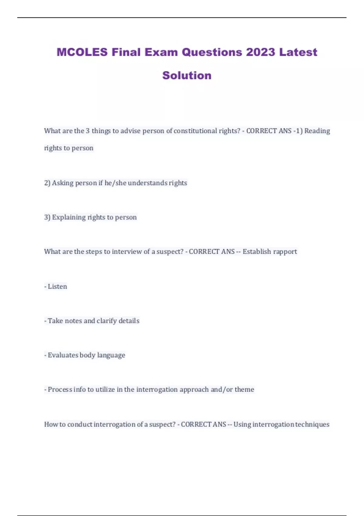 MCOLES Final Exam Questions 2023 Latest Solution - MCOLES - Stuvia US