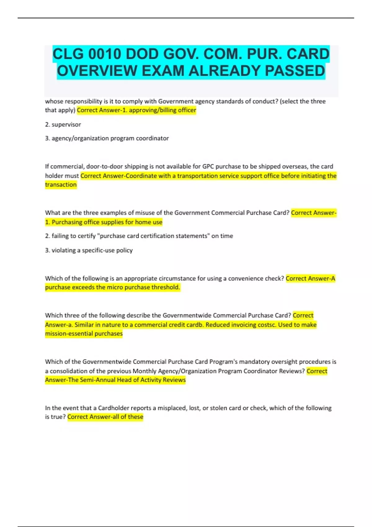 CLG 0010 DOD GOV. COM. PUR. CARD OVERVIEW EXAM ALREADY PASSED - Q&A.s ...