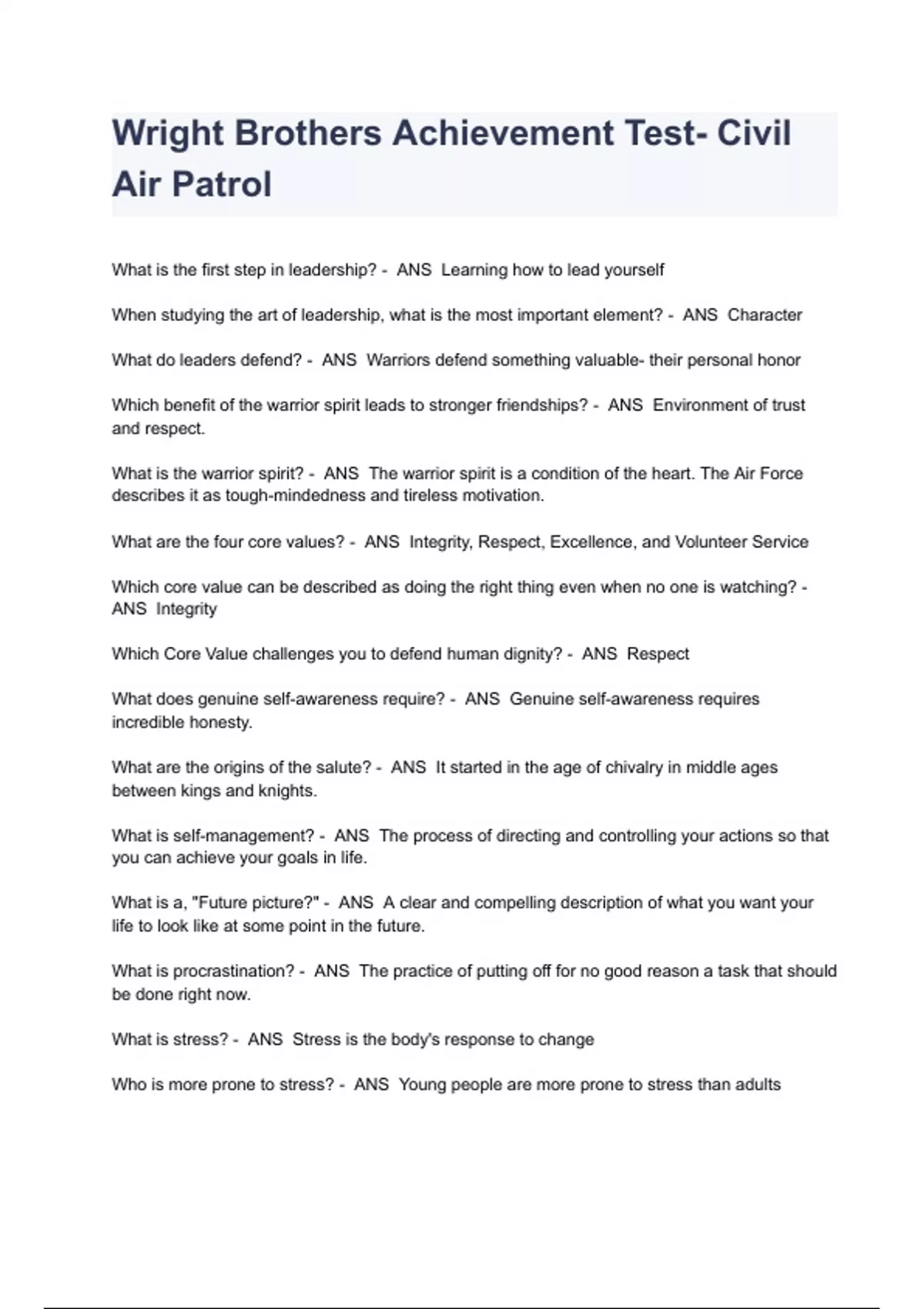 CAP Wright Brothers Achievement Test Questions With Solution Combined ...