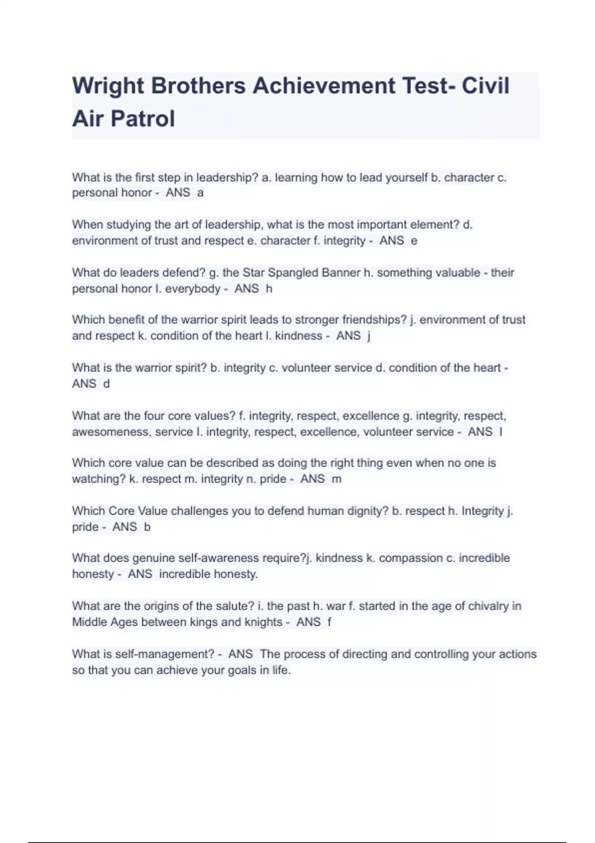 Wright Brothers Achievement Test- Civil Air Patrol Questions And ...