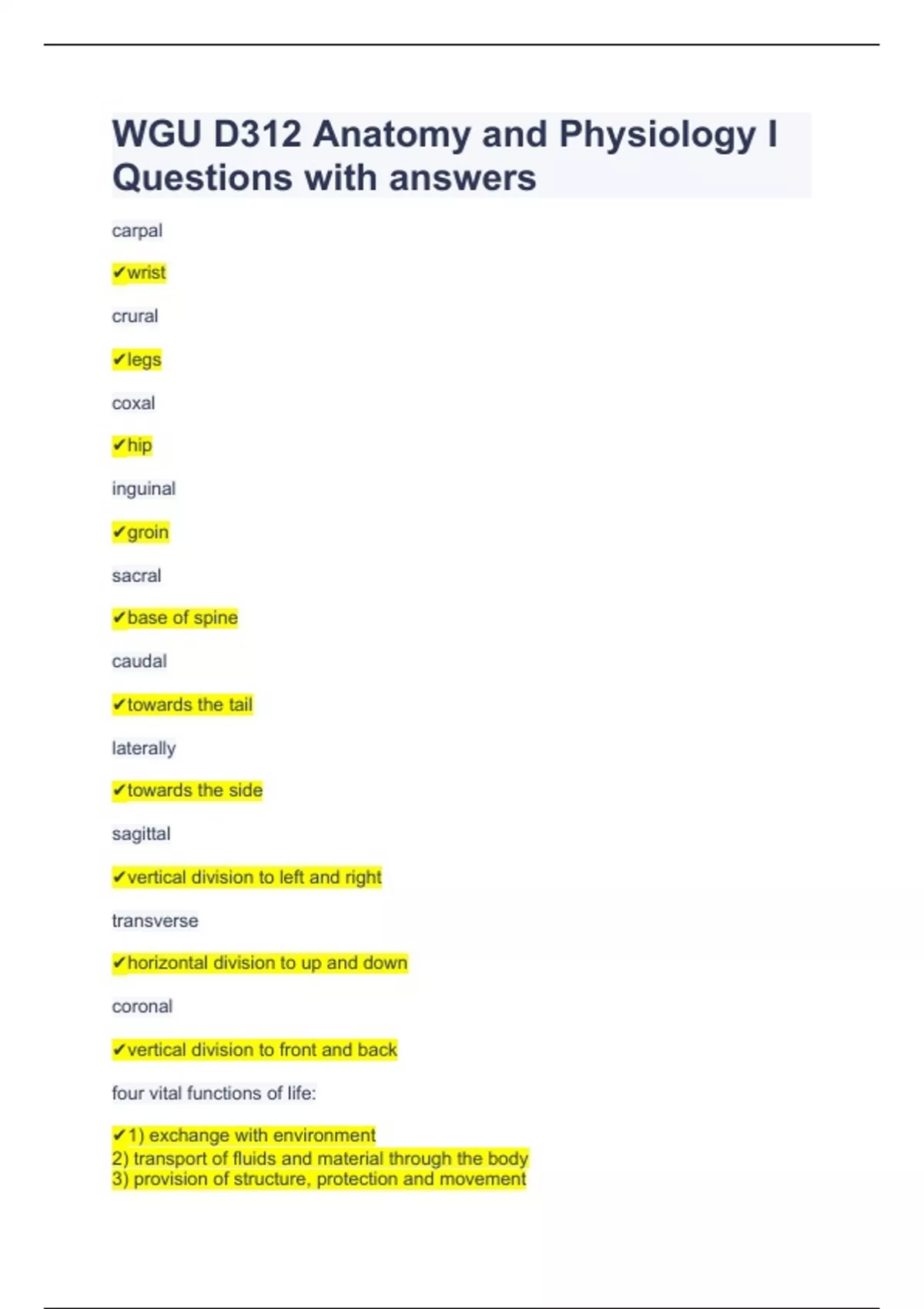 WGU D312 Anatomy and Physiology I Questions with answers - D312 Anatomy and Physiology I with ...