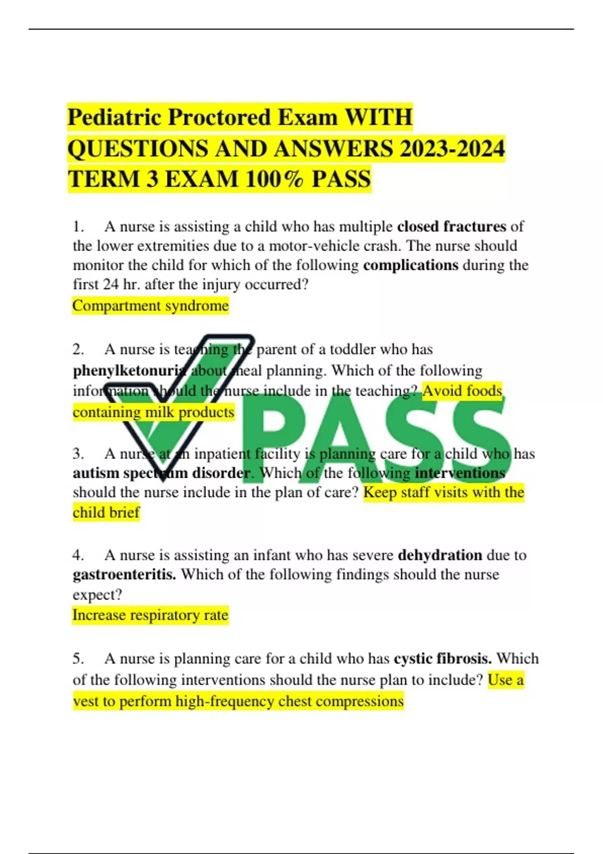 Pediatric Proctored Exam WITH QUESTIONS AND ANSWERS TERM 3 EXAM 100% PASS - Pediatric 2023 ...