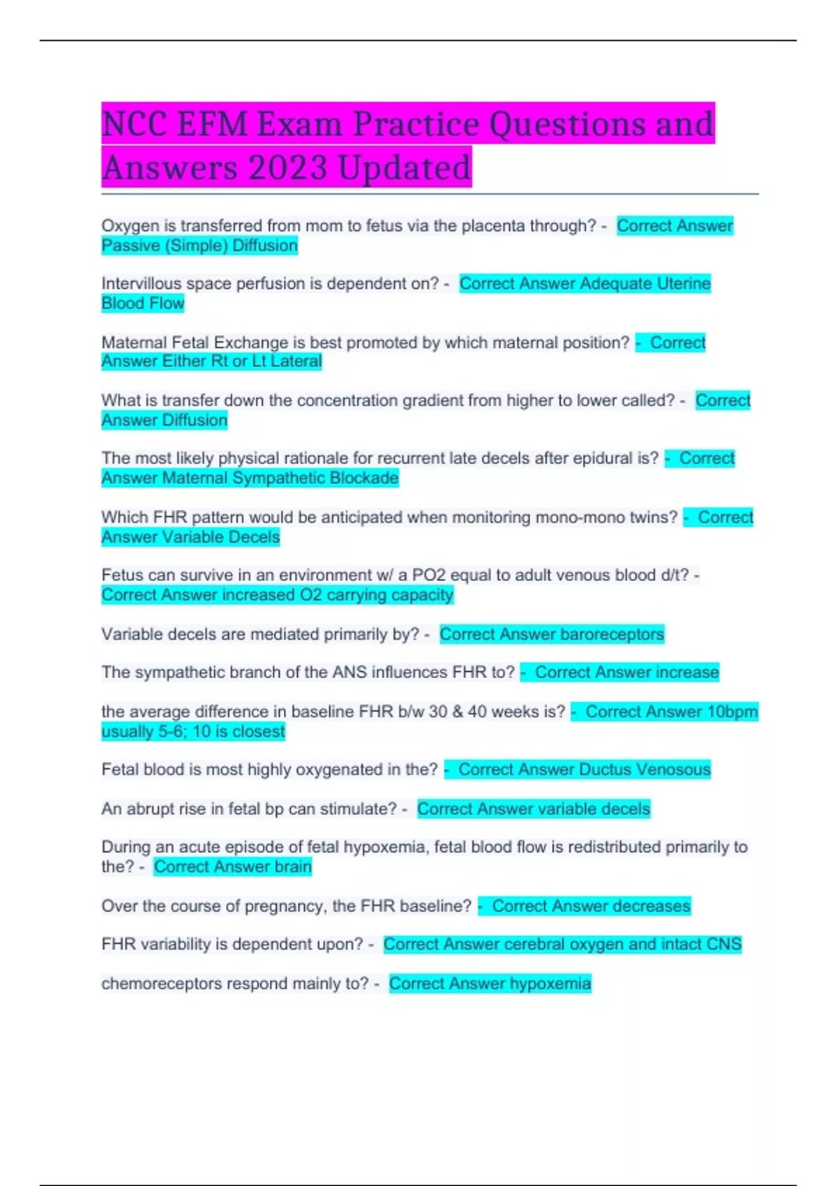 NCC EFM Exam Practice Questions and Answers 2023 Updated - NCC EFM - Stuvia US