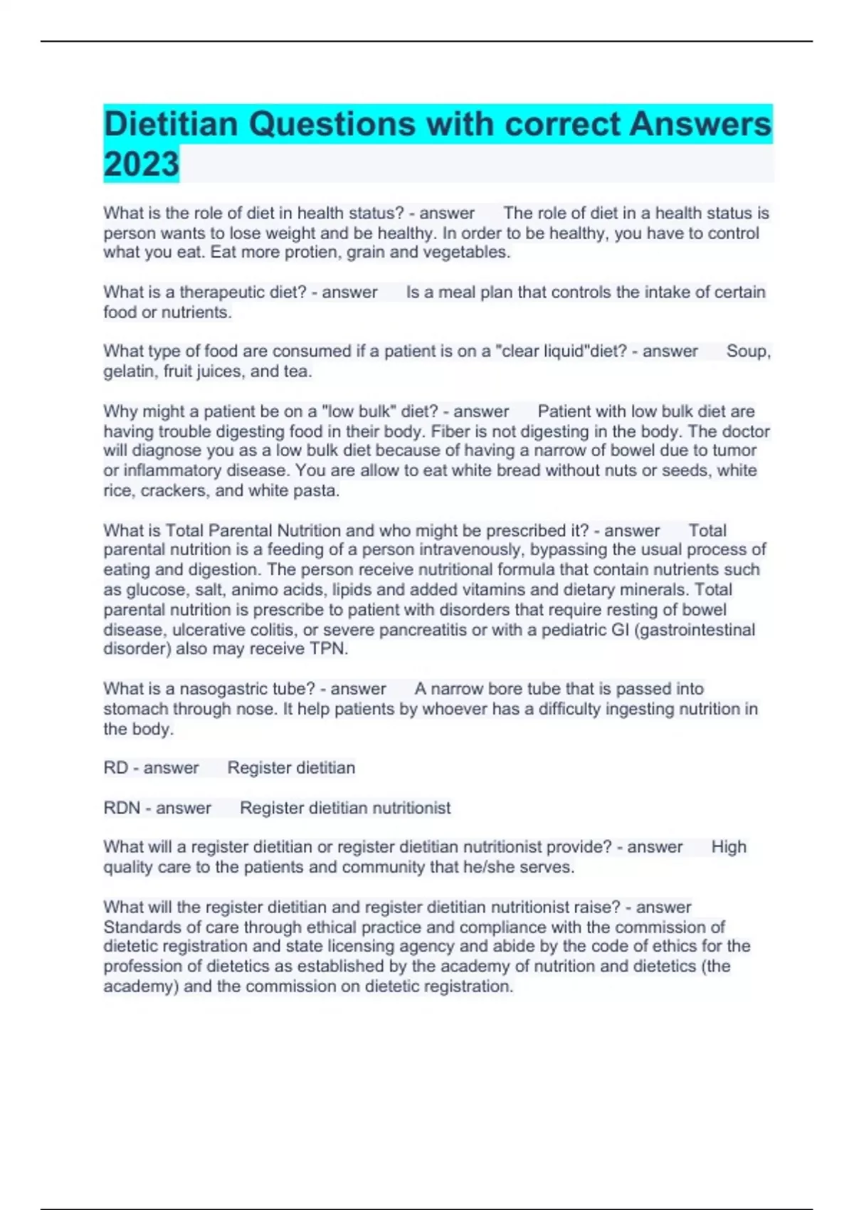 Dietitian Questions with correct Answers 2023 - Dietetics - Stuvia US