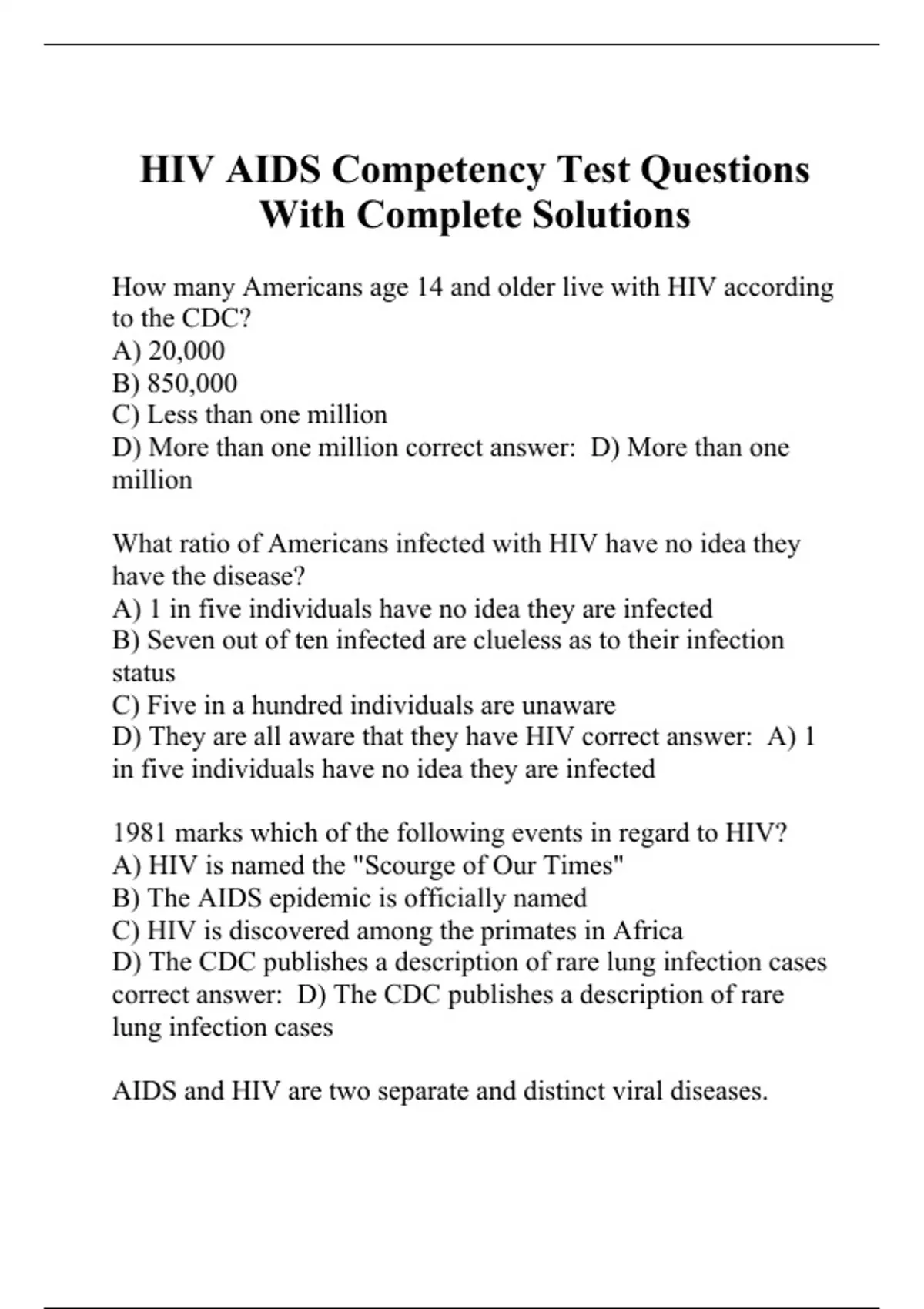 HIV AIDS Competency Test Questions With Complete Solutions - HIV AIDS ...