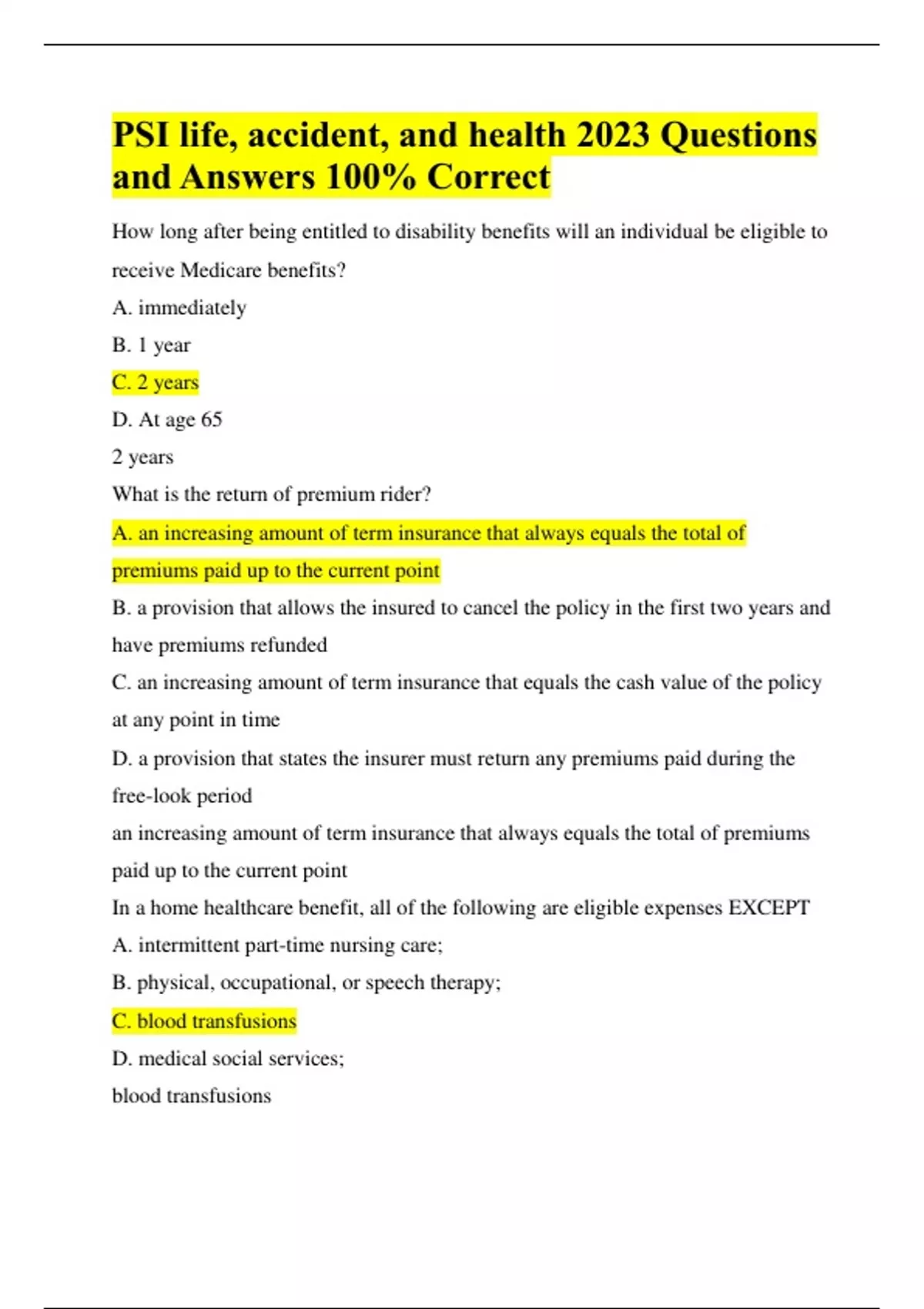 PSI life, accident, and health 2023 Questions and Answers 100% Correct ...