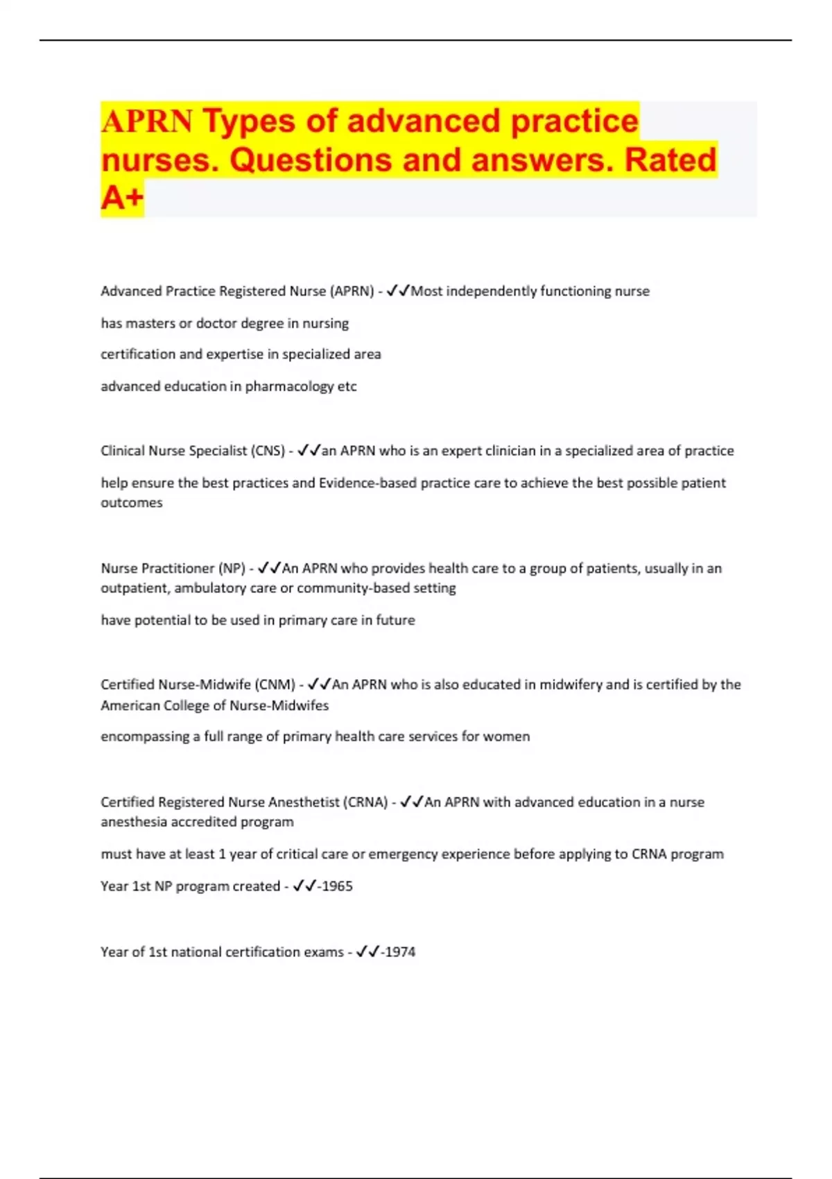 APRN Types of advanced practice nurses. Questions and answers. Rated A+ ...