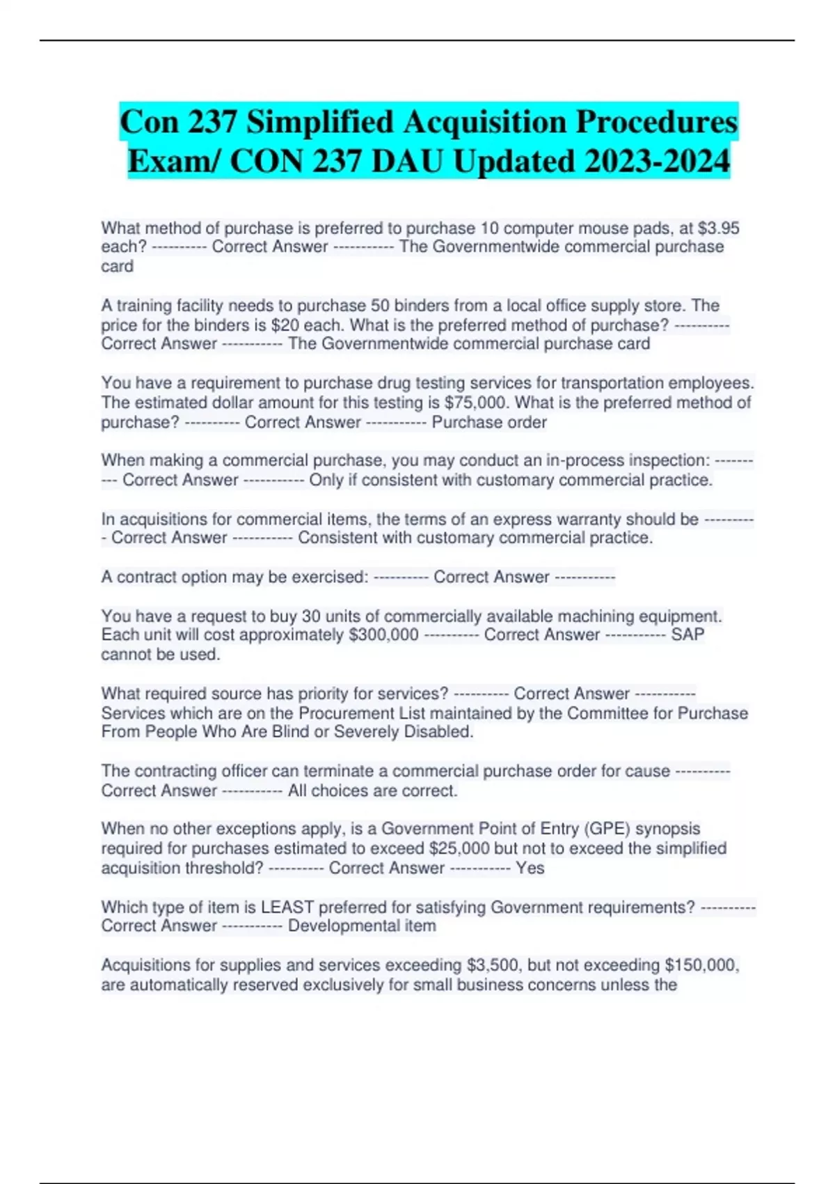 Con 237 Simplified Acquisition Procedures Exam/ CON 237 DAU Updated ...