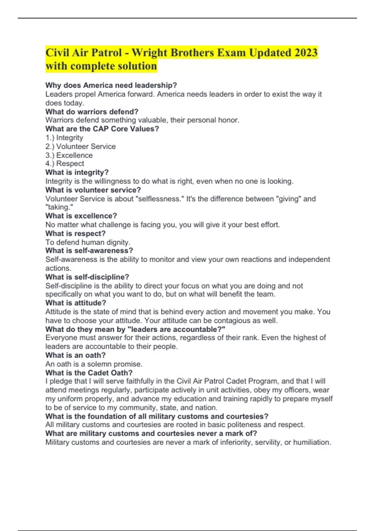 Civil Air Patrol - Wright Brothers Exam Updated 2023 with complete ...