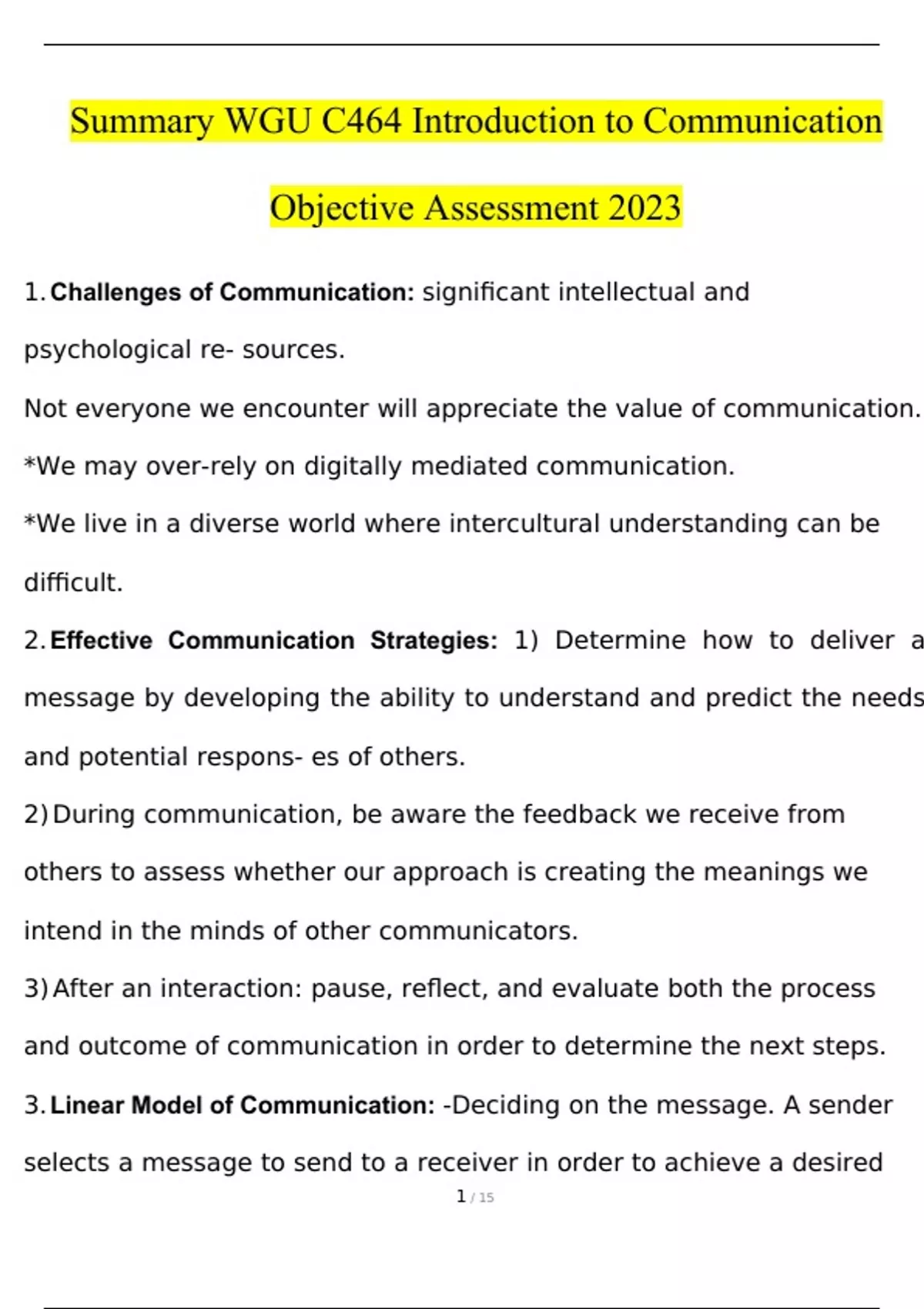 Summary WGU C464 Introduction to Communication Objective Assessment 2023 Verified - WGU C464 ...
