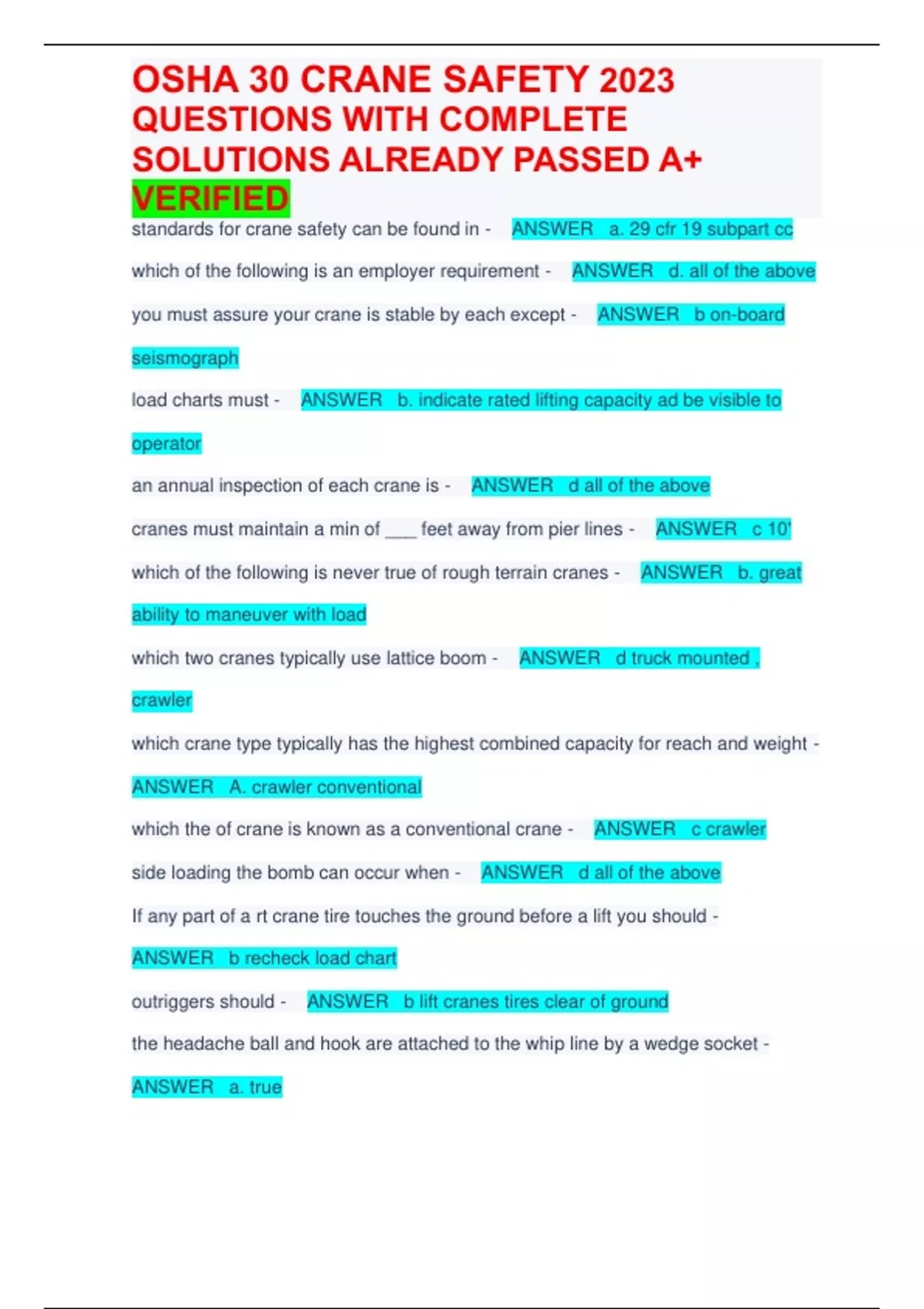 OSHA 30 CRANE SAFETY 2023 QUESTIONS WITH COMPLETE SOLUTIONS ALREADY ...