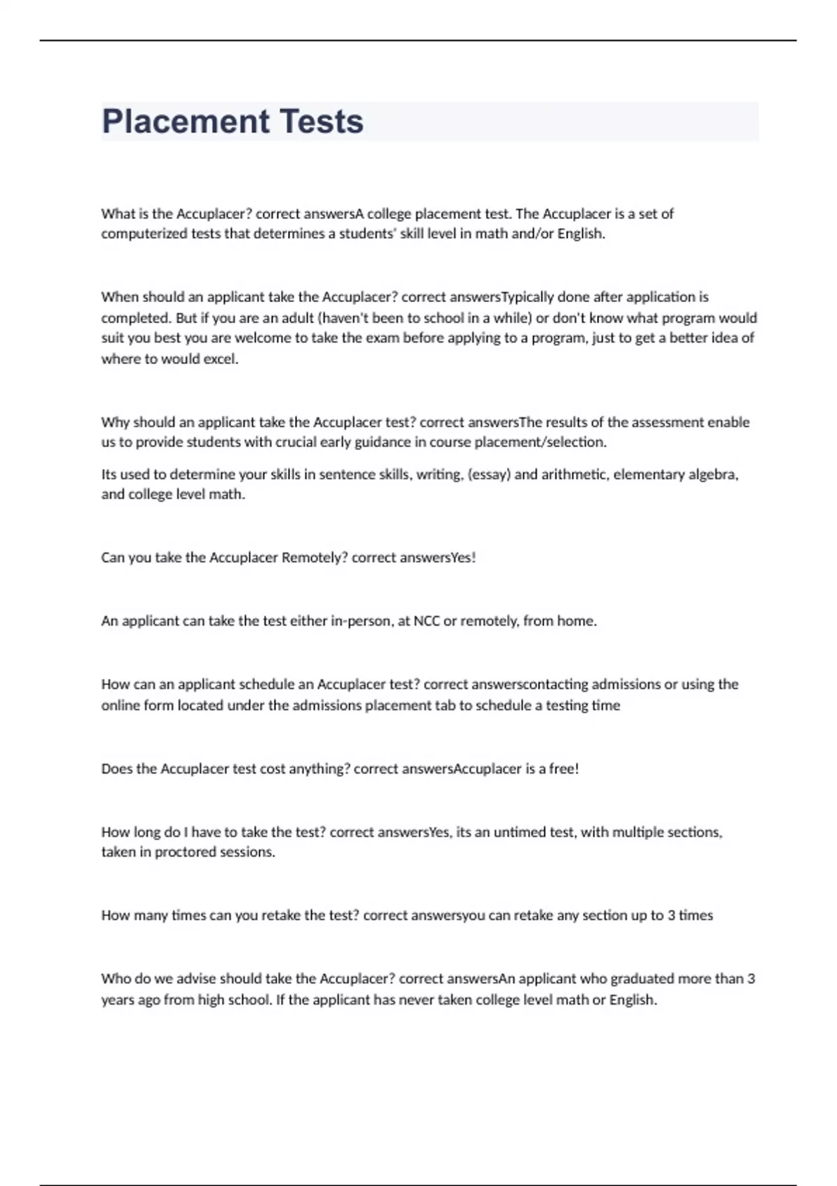 Placement Tests 2023 with complete answers - Placement Te - Stuvia US