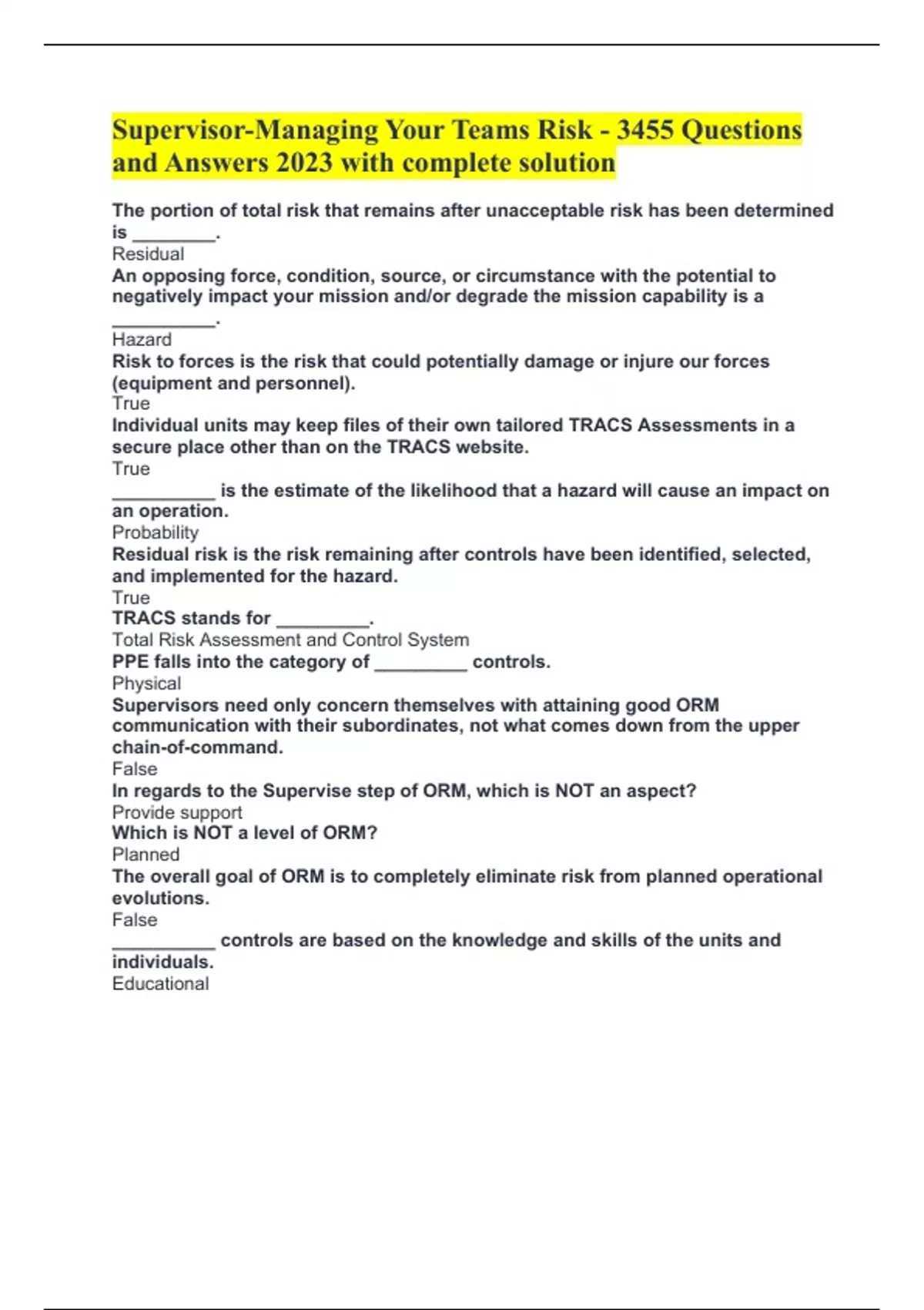 Supervisor-Managing Your Teams Risk - 3455 Questions and Answers 2023 ...