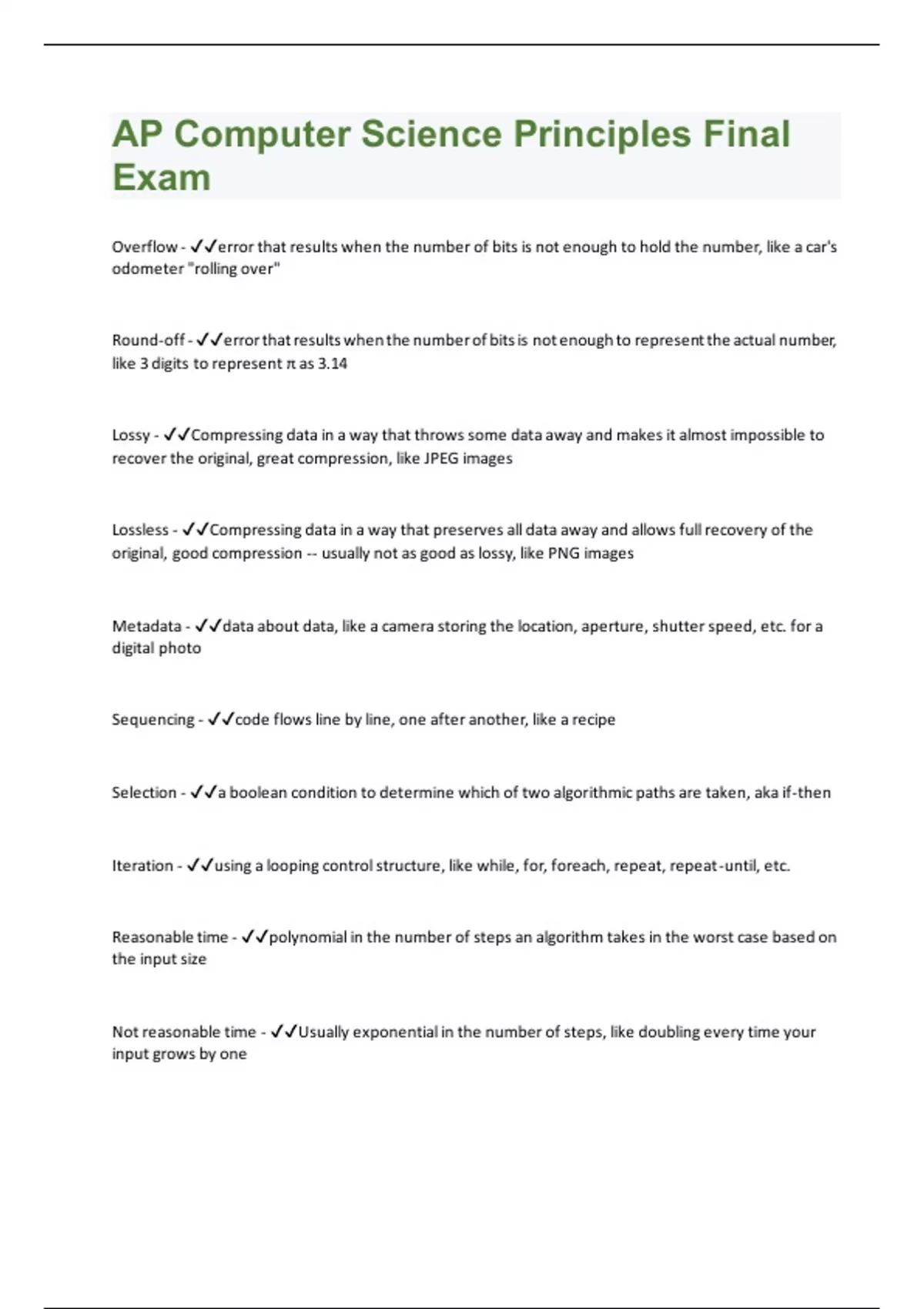 AP Computer Science Principles Final Exam | 251 Questions and Answers(A+ Solution guide) - AP ...