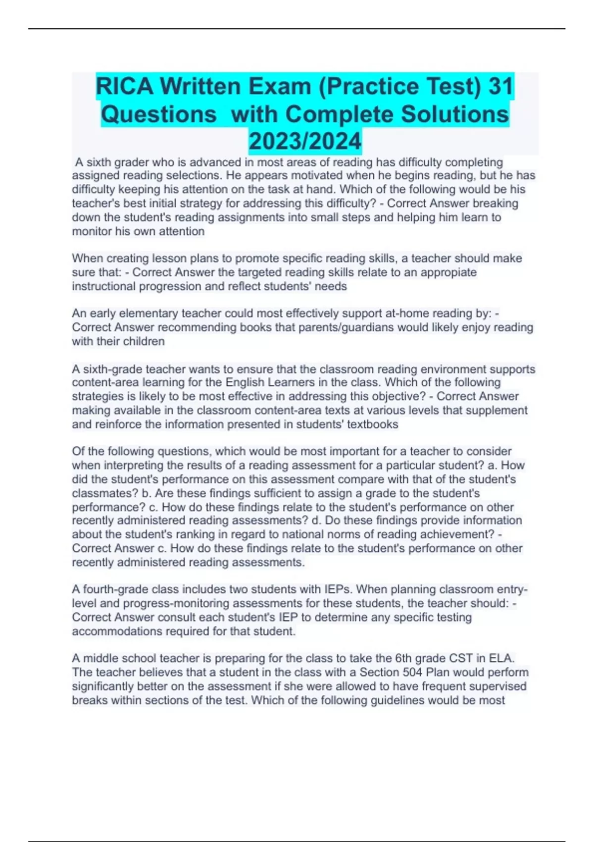 RICA Written Exam (Practice Test) 31 Questions with Complete Solutions ...