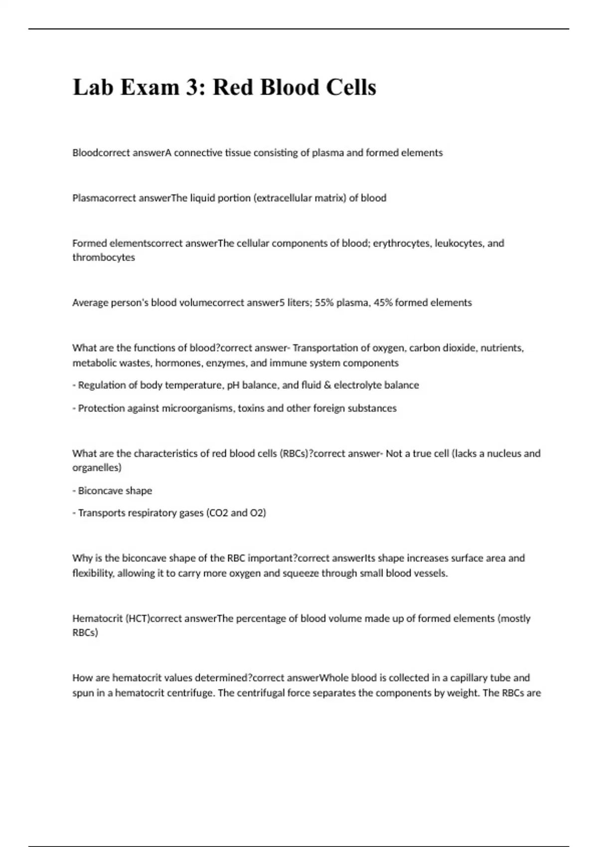 Lab Exam 3 questions 2023 with correct answers| Red Blood Cells. - RBC - Stuvia US