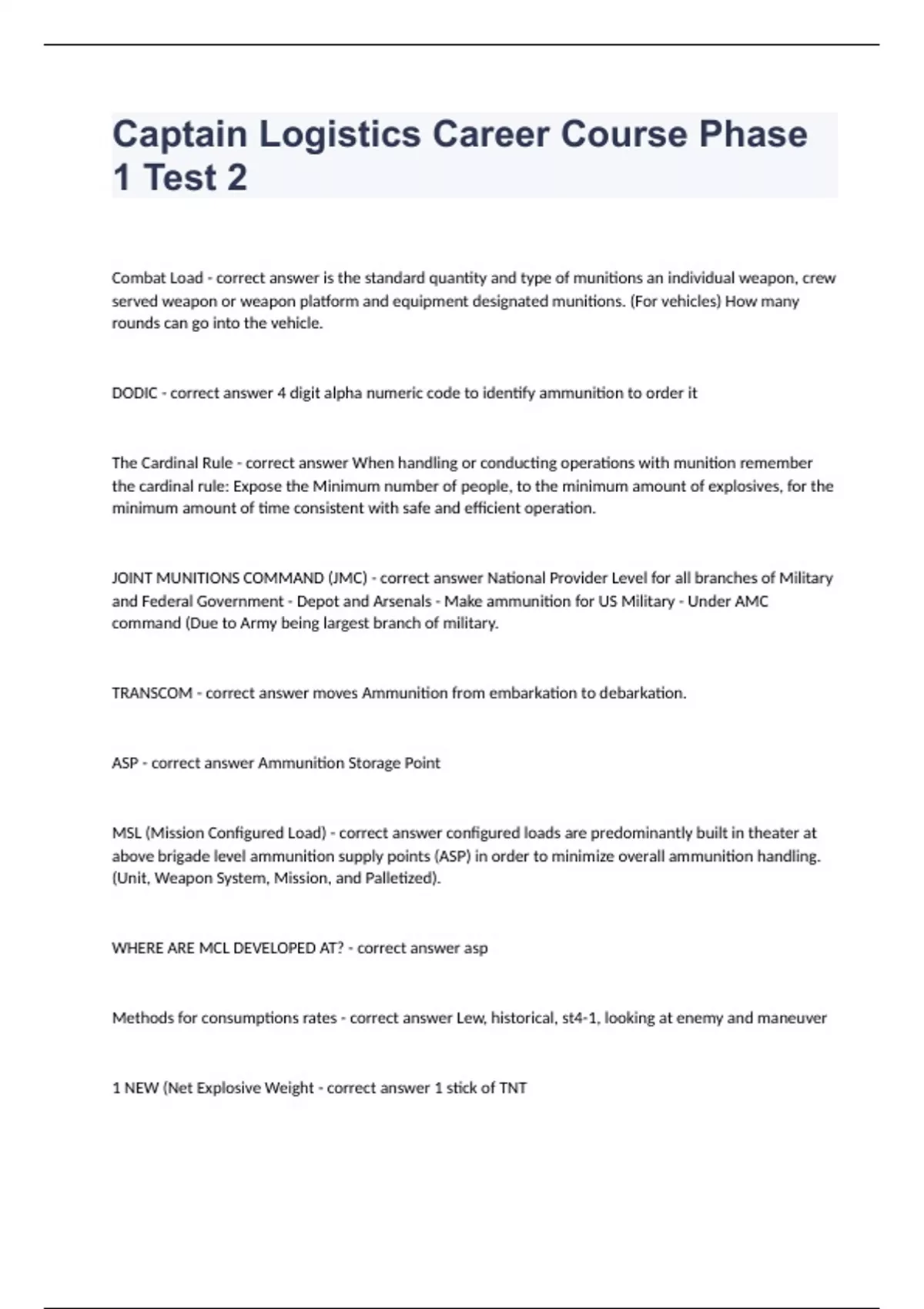 Captain Logistics Career Course Phase 1 Test 2 fully solved rated A+ ...