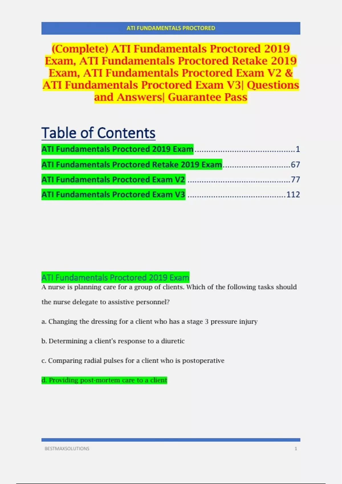 (Complete) ATI Fundamentals Proctored 2019 Exam, ATI Fundamentals ...