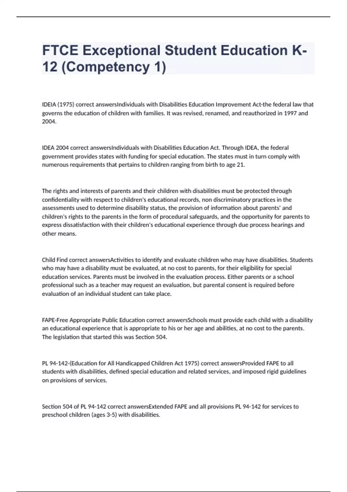 FTCE Exceptional Student Education K-12 (Competency 1) exam 2023 with ...