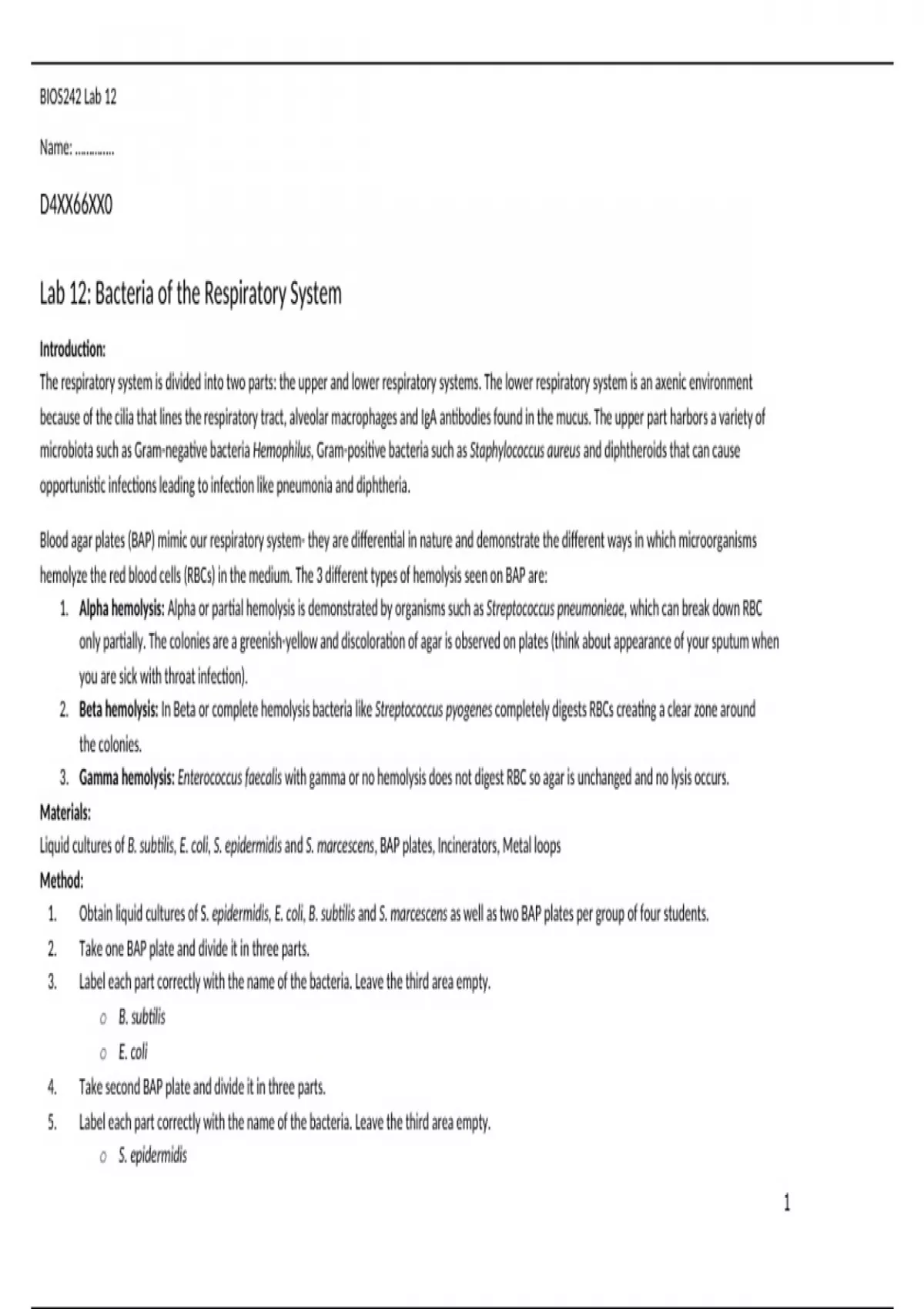 BIOS 242 Week 6 Lab 2 Bacteria of Respiratory System Chamberlain - BIOS 242 /BIOS 242 ...