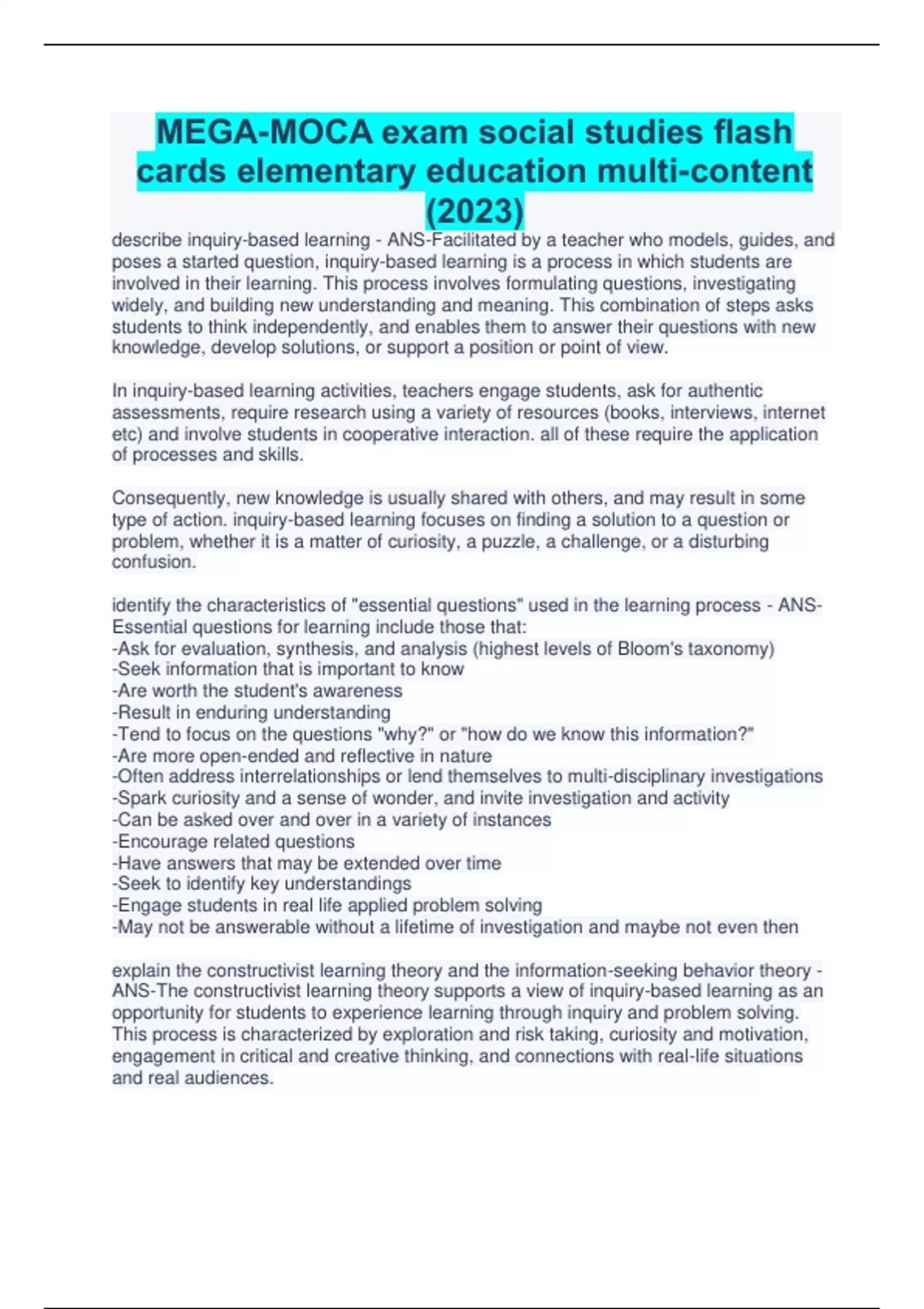 MEGA-MOCA exam social studies flash cards elementary education multi ...