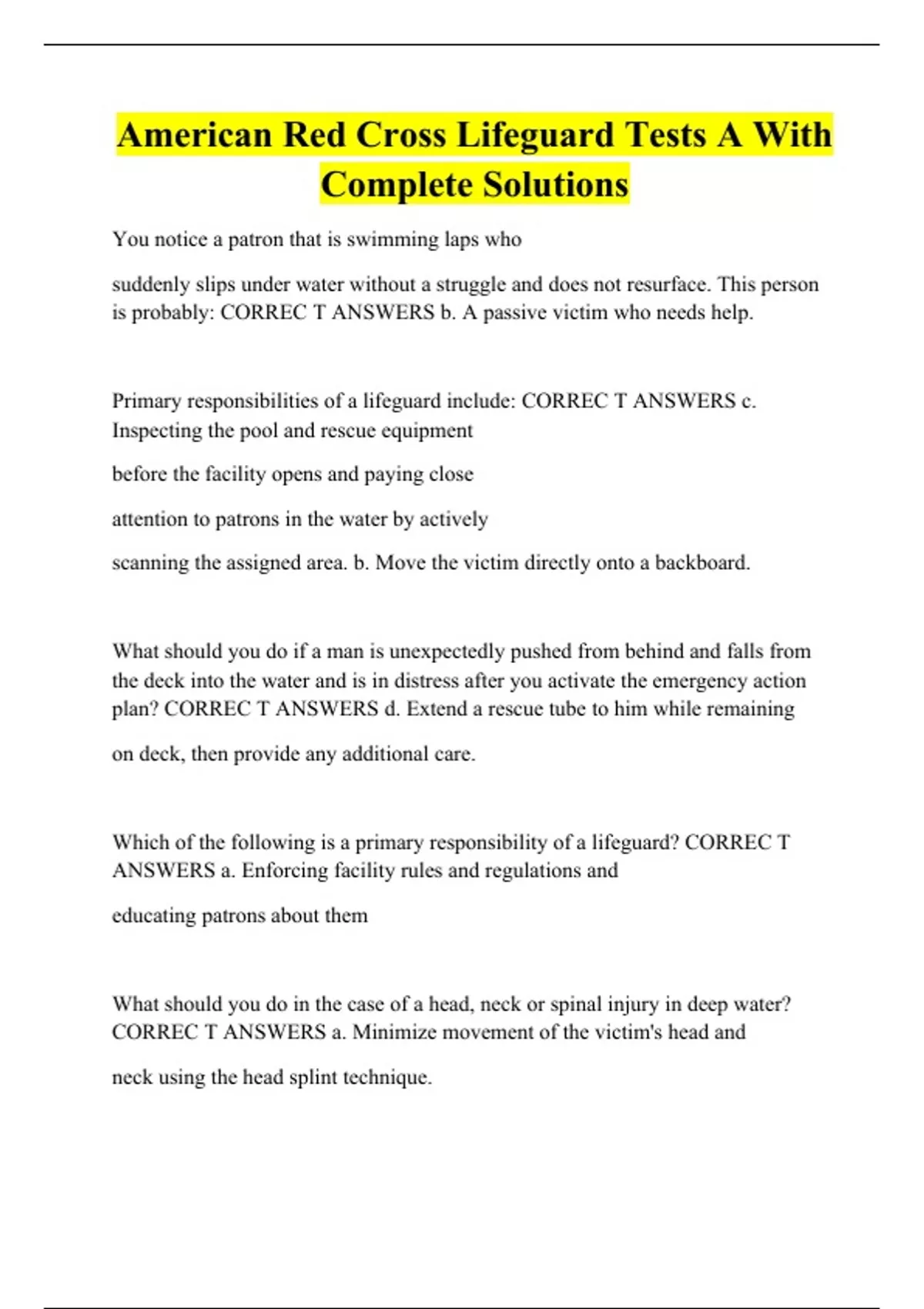 American Red Cross Lifeguard Tests A With Complete Solutions - American ...