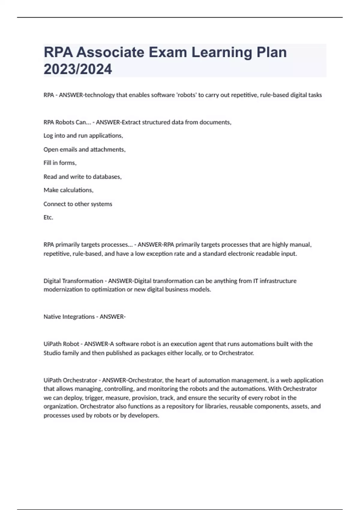 RPA Associate Exam Learning Plan 2023/2024 - RPA Associate - Stuvia US
