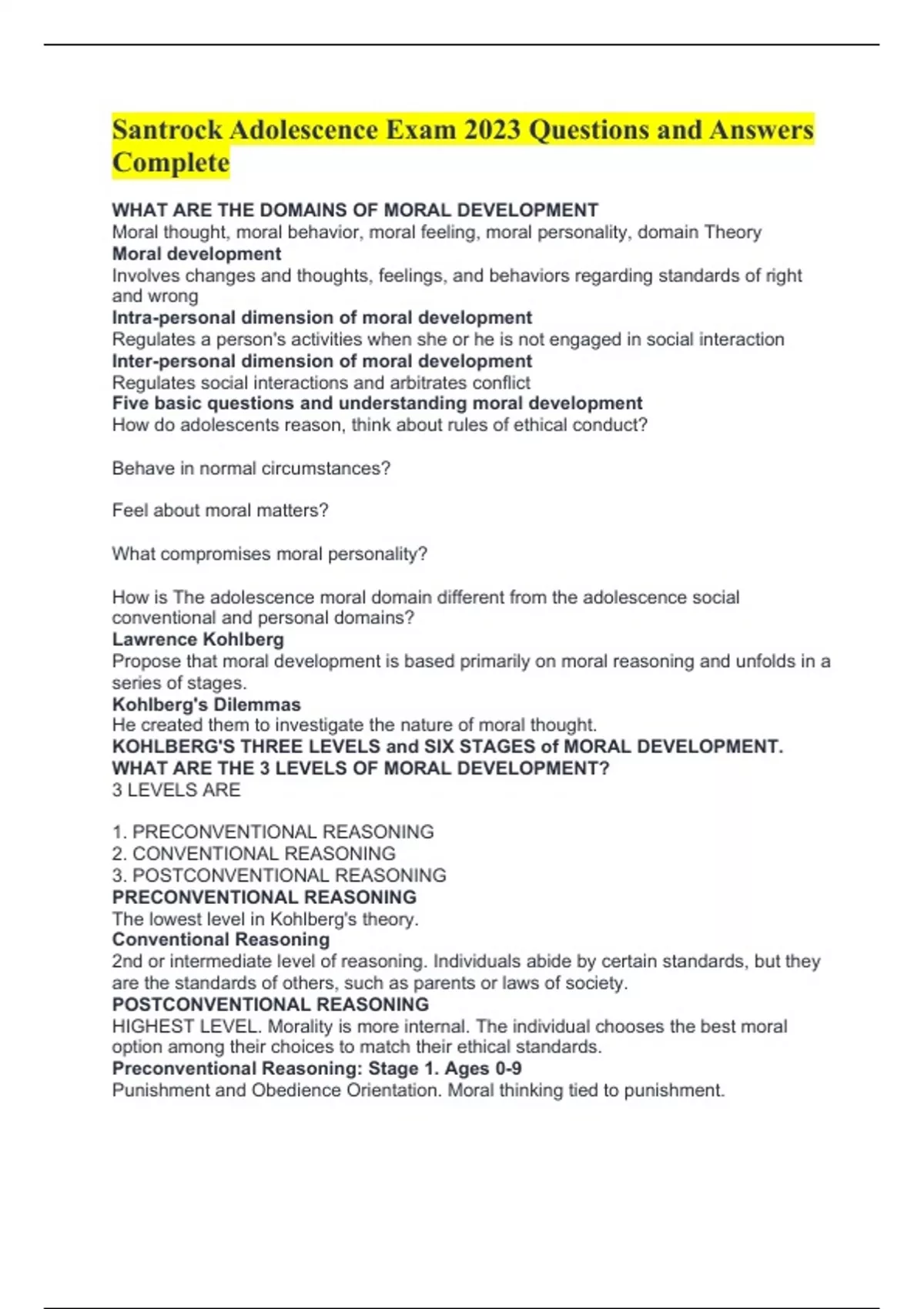 Santrock Adolescence Exam 2023 Questions and Answers Complete ...