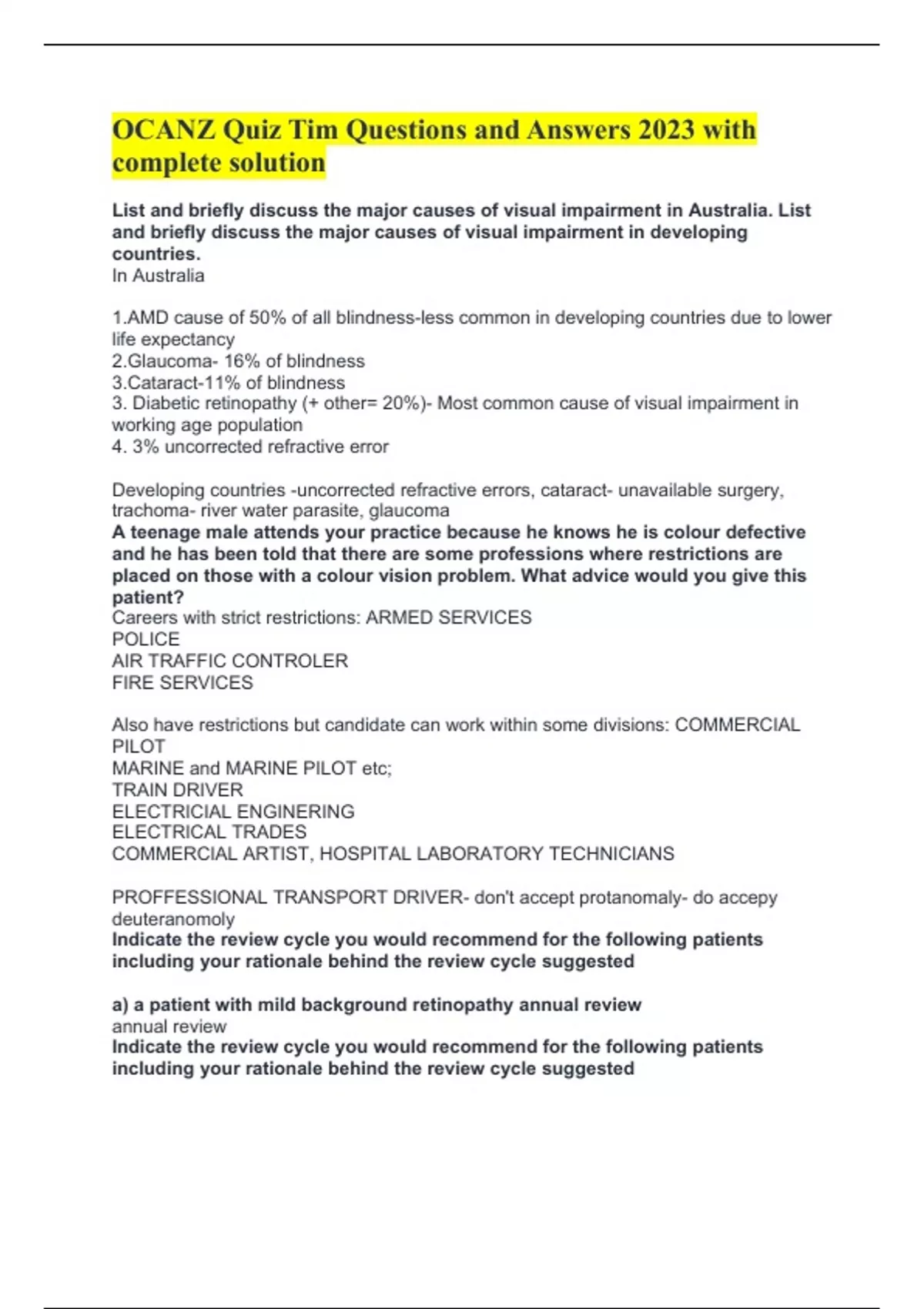 OCANZ Quiz Tim Questions and Answers 2023 with complete solution - OCANZ - Stuvia US