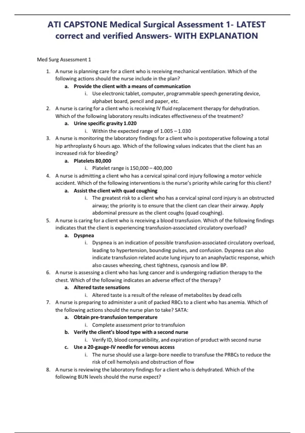 ATI CAPSTONE Medical Surgical Assessment 1- LATEST correct and verified ...