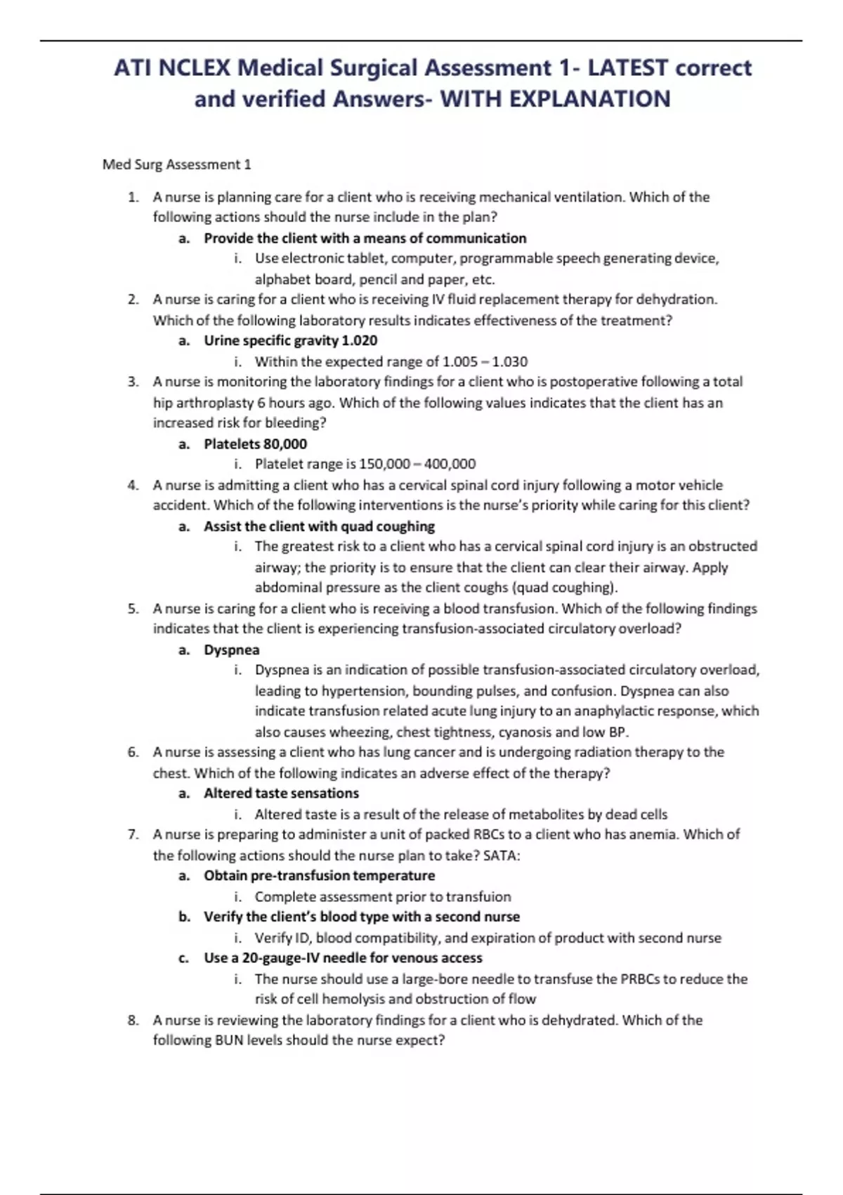 ATI NCLEX Medical Surgical Assessment 1- LATEST correct and verified ...