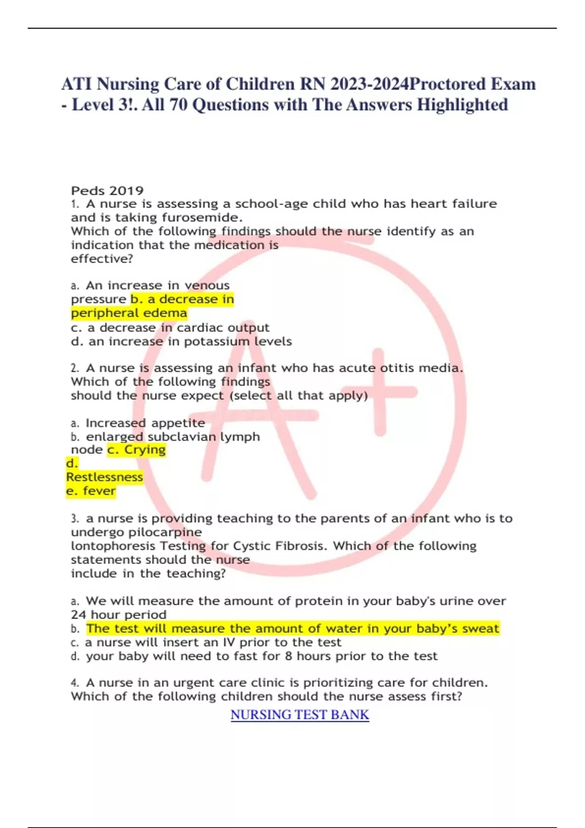 ATI Nursing Care of Children RN Proctored Exam - Level 3!. All 70 ...