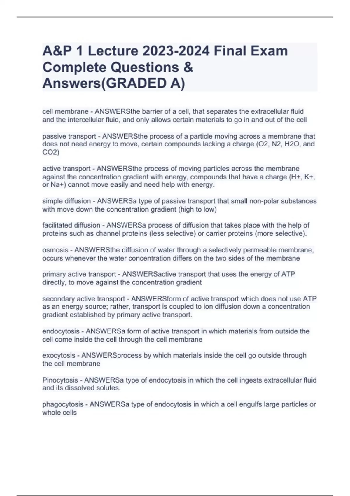 A&P 1 Lecture Final Exam Complete Questions & Answers(GRADED A) - A&P 1 - Stuvia US
