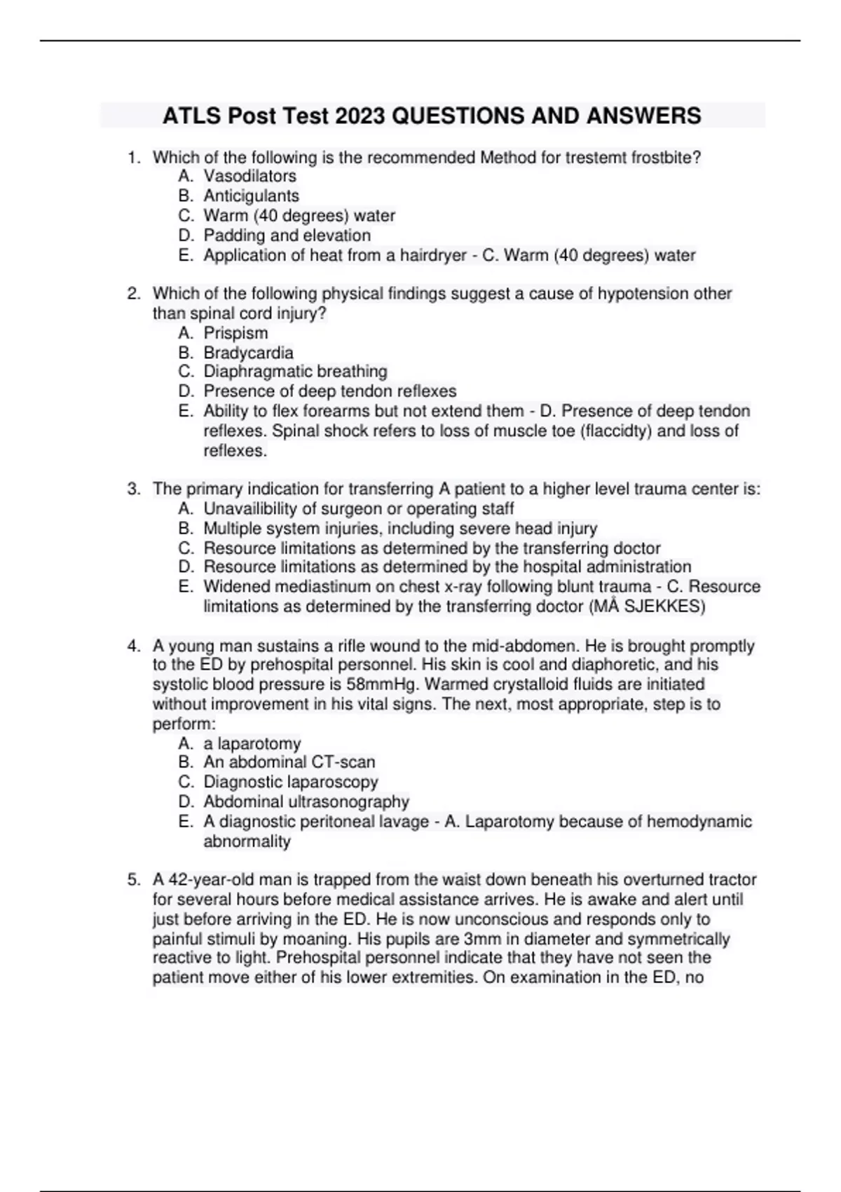 ATLS Post Test 2023 QUESTIONS AND ANSWERS Advanced Life Support ATLS