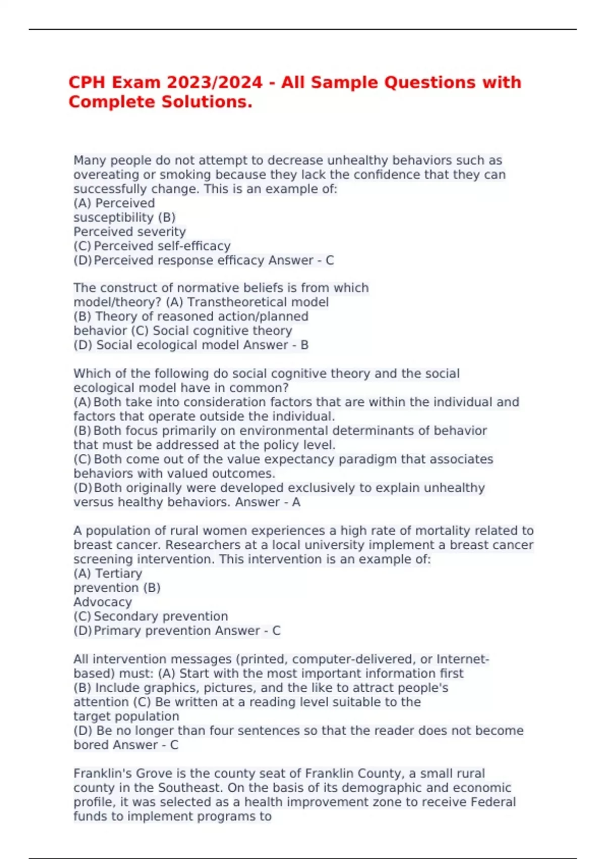 CPH Exam 2023/2024 - All Sample Questions with Complete Solutions. - CPH - Certified in Public ...