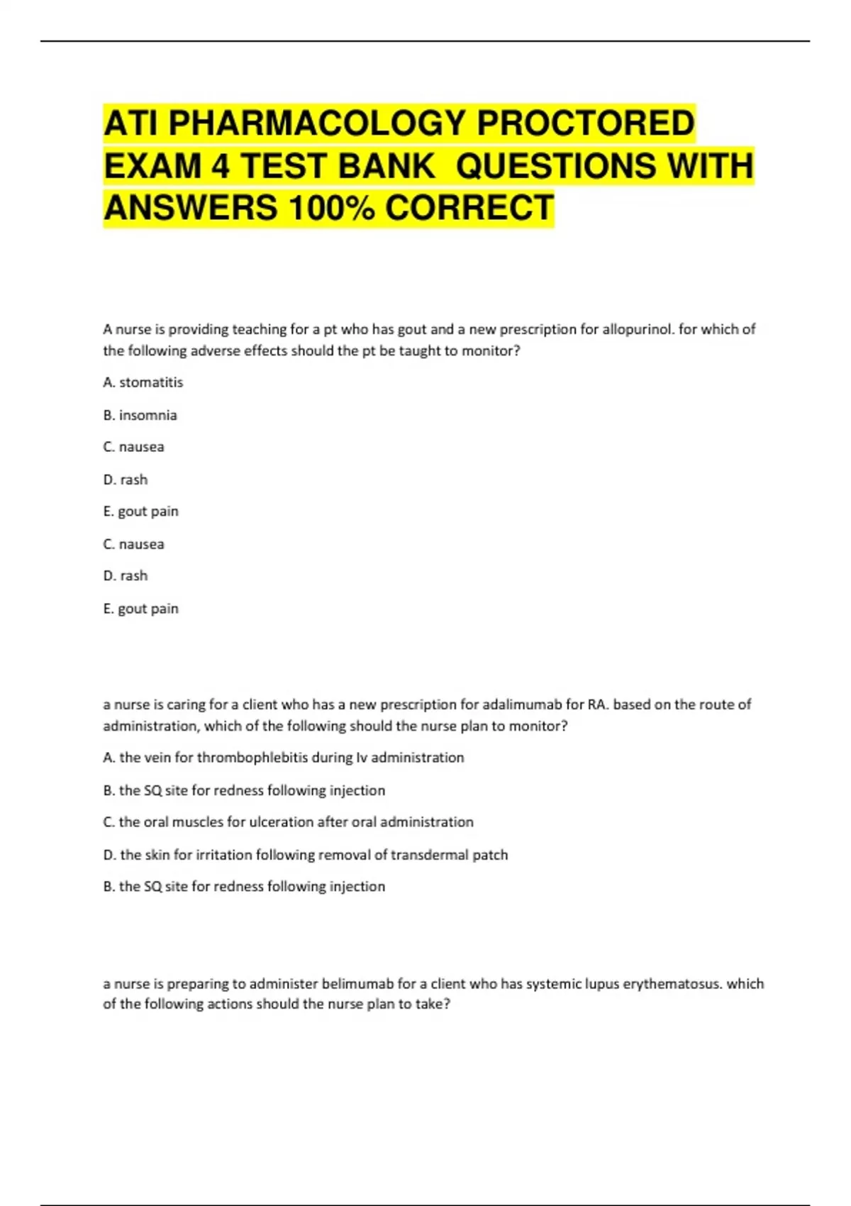 ATI PHARMACOLOGY PROCTORED EXAM 4 TEST BANK QUESTIONS WITH ANSWERS 100% ...