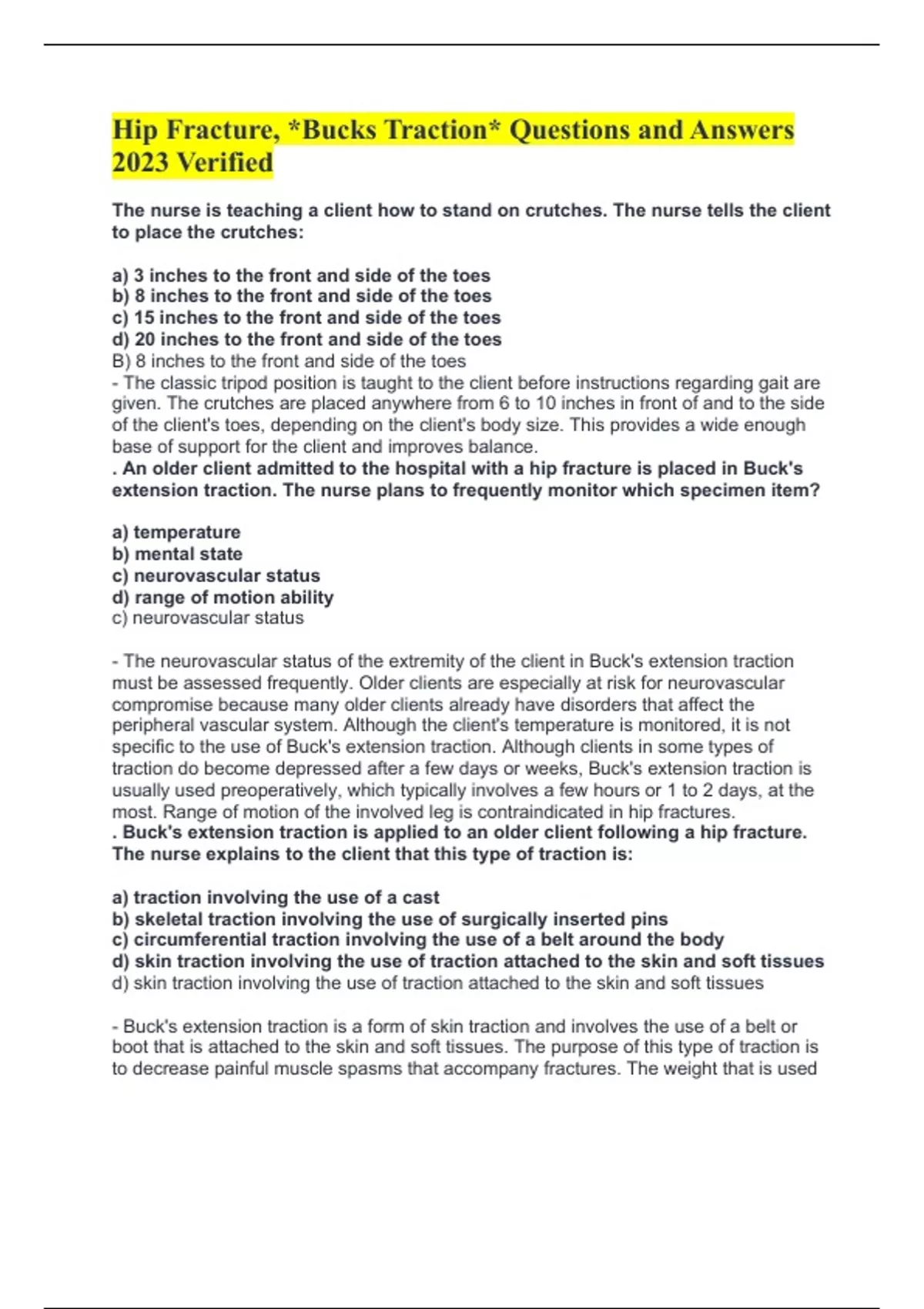 Hip Fracture, *Bucks Traction* Questions and Answers 2023 Verified ...