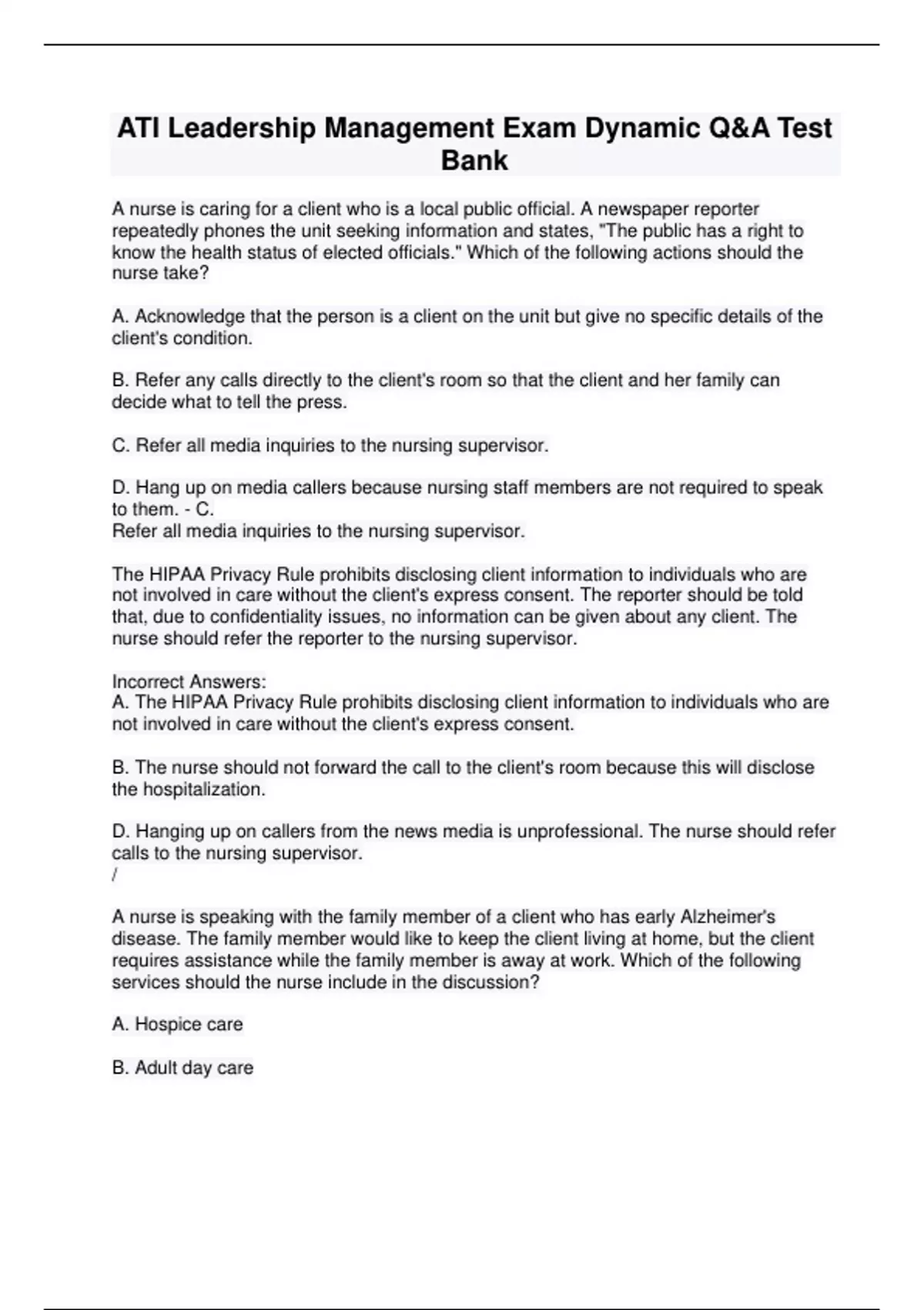 ATI Leadership Management Exam Dynamic Q&A Test Bank - Leadership ...
