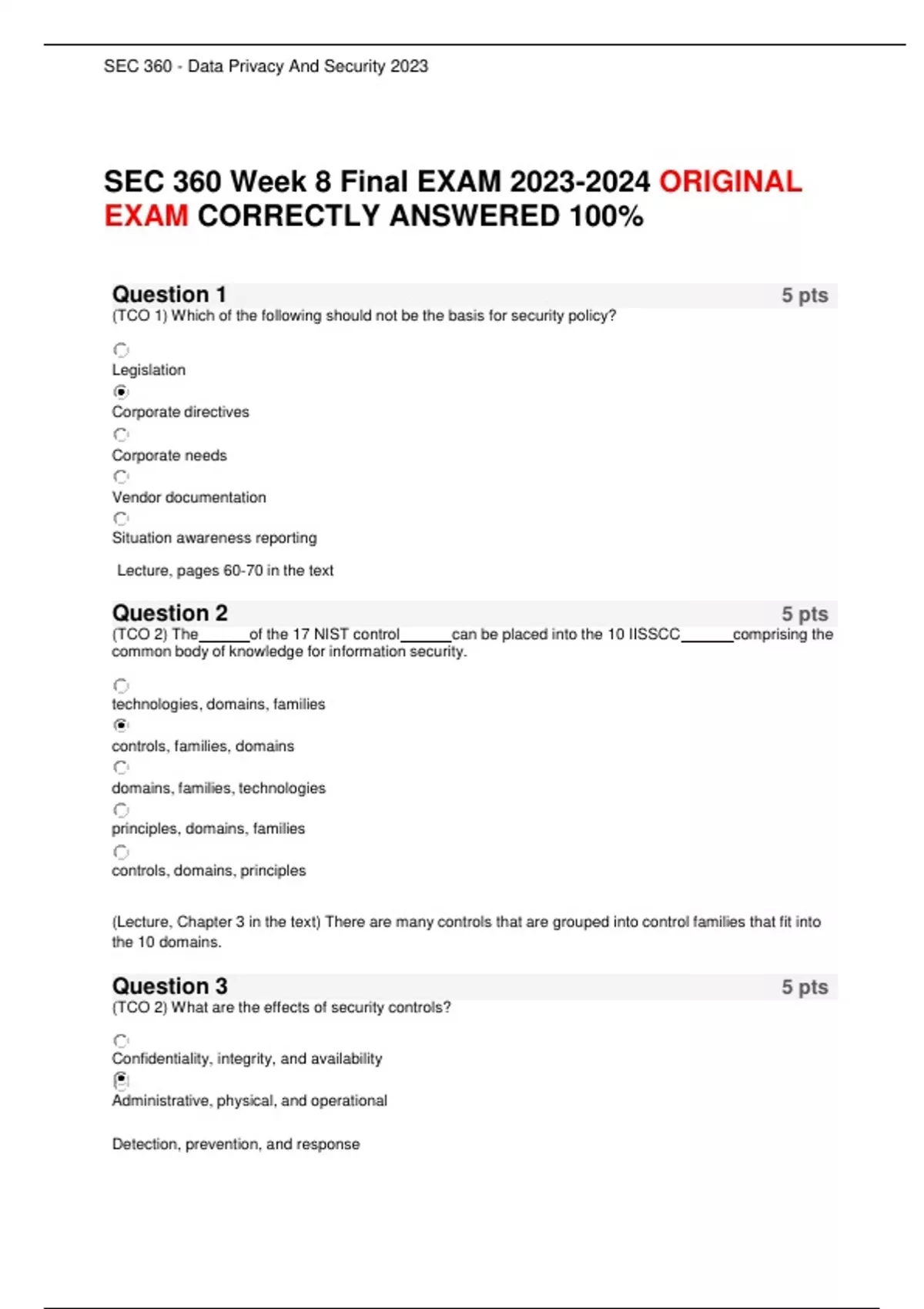 SEC 360 Week 8 Final EXAM ORIGINAL EXAM CORRECTLY ANSWERED 100% - SEC ...