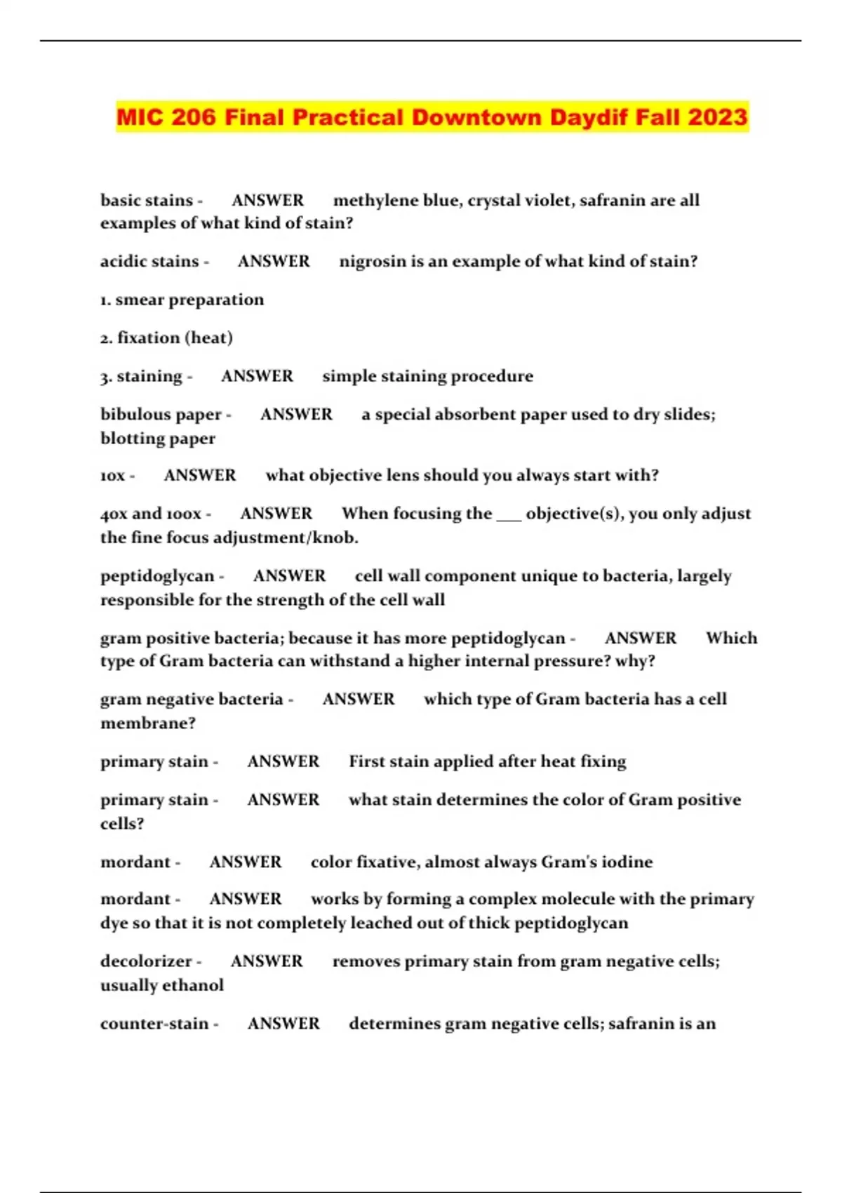 MIC 206 Final Practical Downtown Daydif Fall 2023 - MIC 206 - Stuvia US