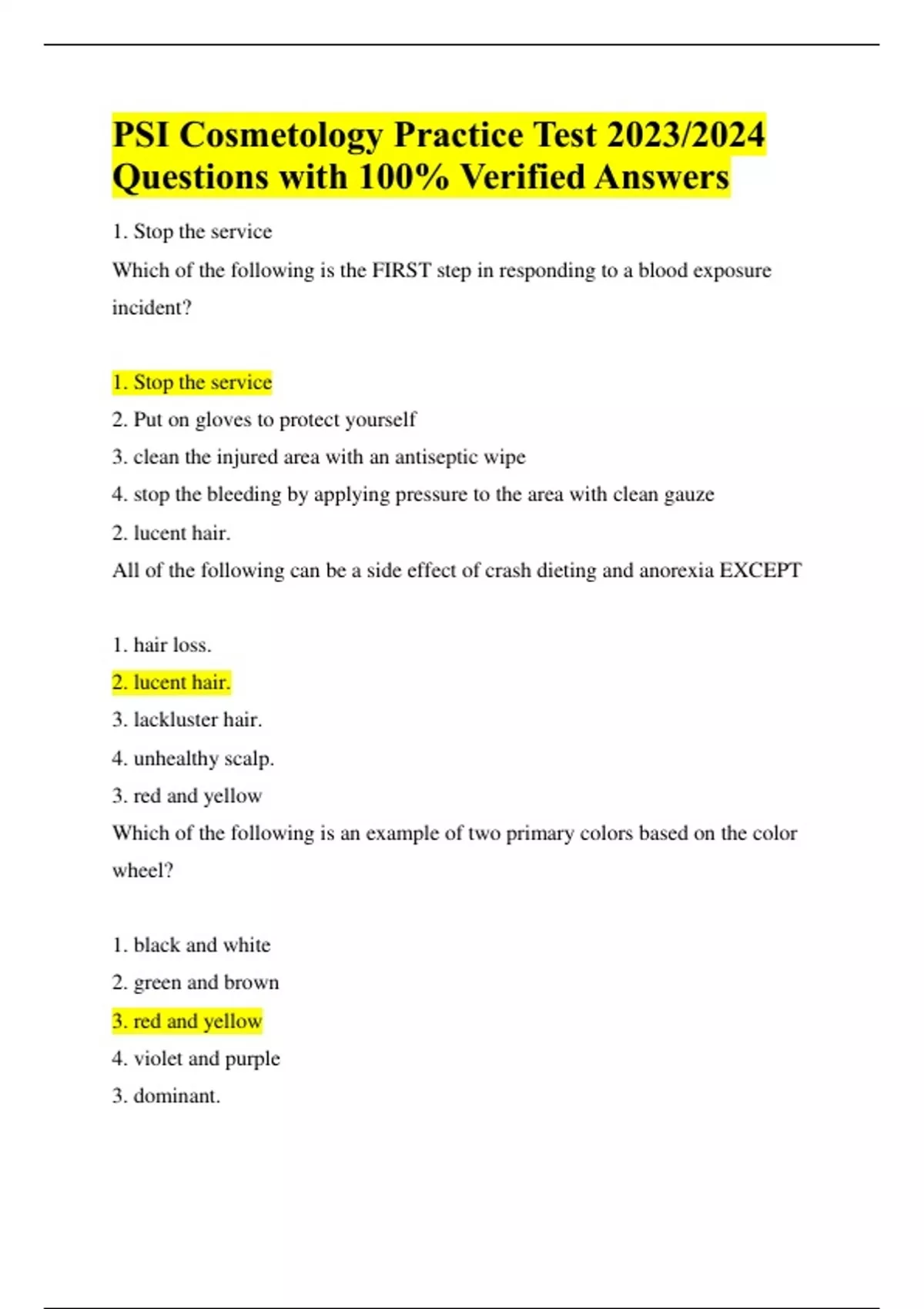 PSI Cosmetology Practice Test 2023 2024 Questions With 100 Verified