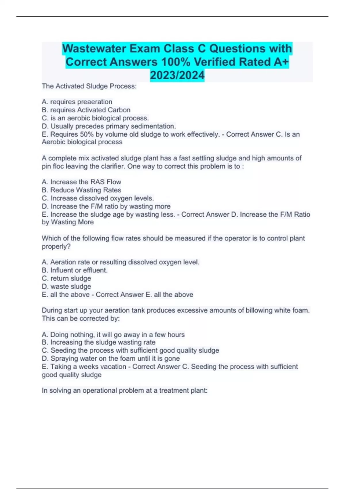 Wastewater Exam Class C Questions With Correct Answers 100 Verified Wastewater Exam Class C Questions With Correct Answers 100 Verified