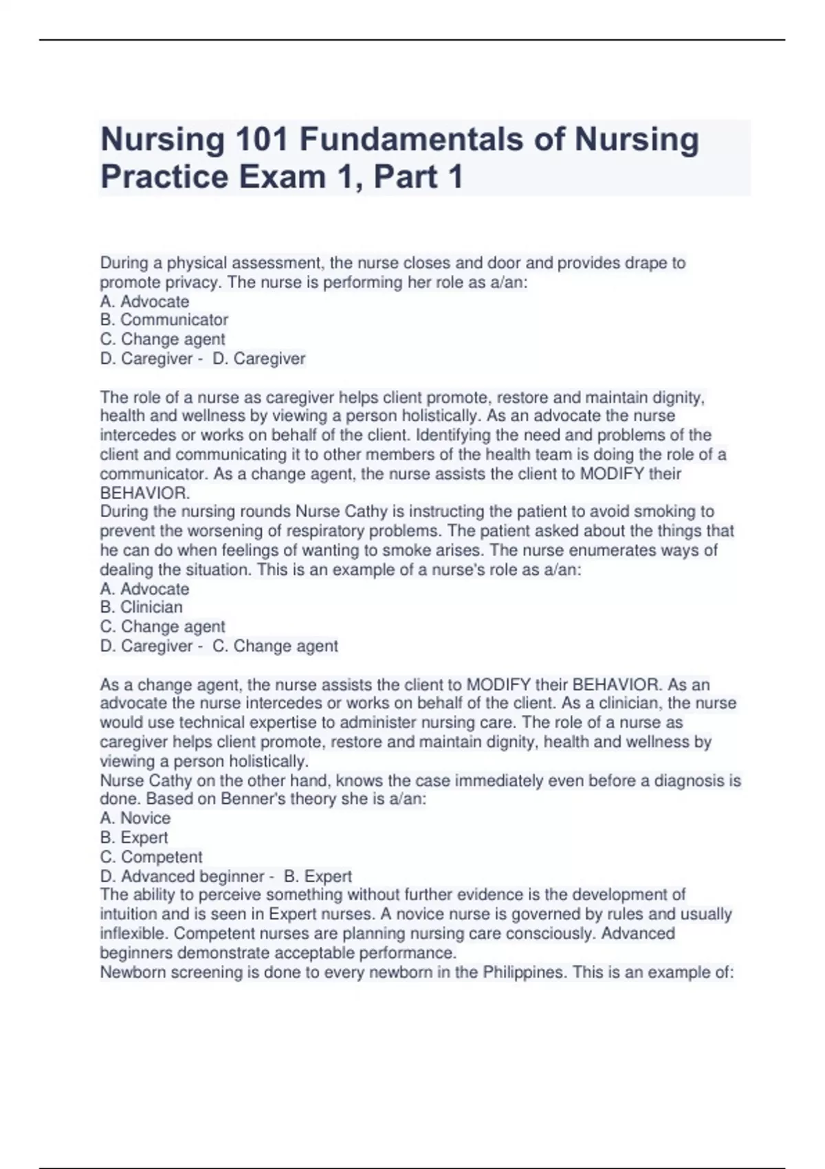 Nursing 101 Fundamentals of Nursing Practice Exam 1, Part 1 - Nursing ...