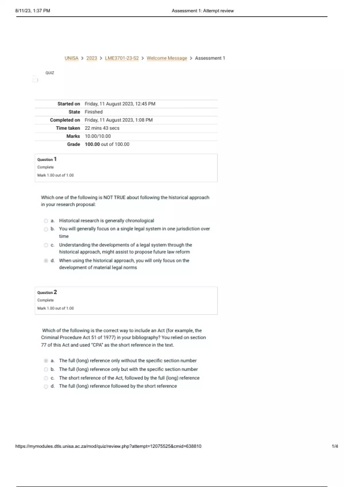 LME3701 ASSESSMENT 01 ANSWERS - QUIZ - 2023 SEM TWO - LME3701 (LME3701) - Stuvia SA
