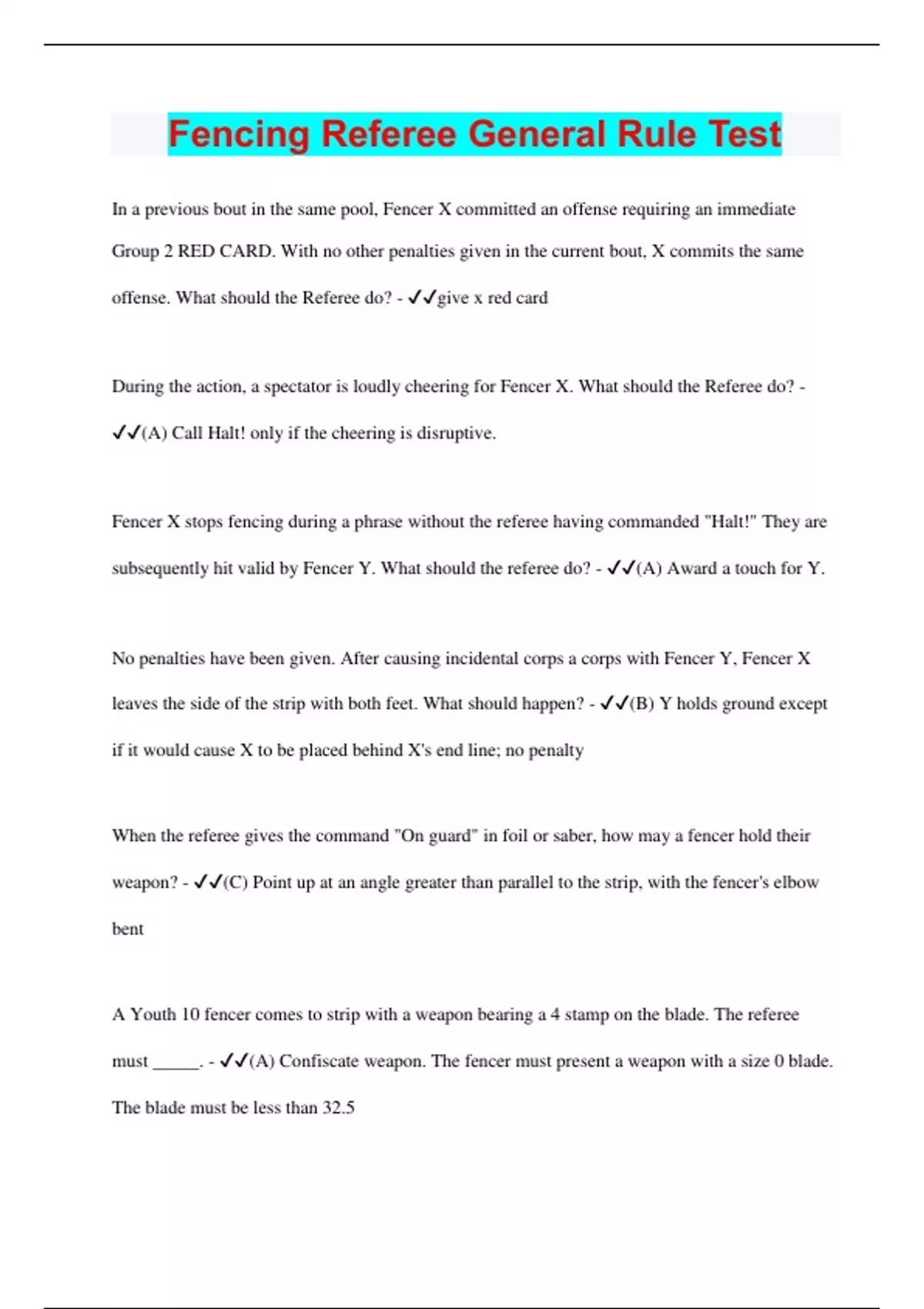 Fencing Referee General Rule Test | 2023 | Questions with 100% Correct ...